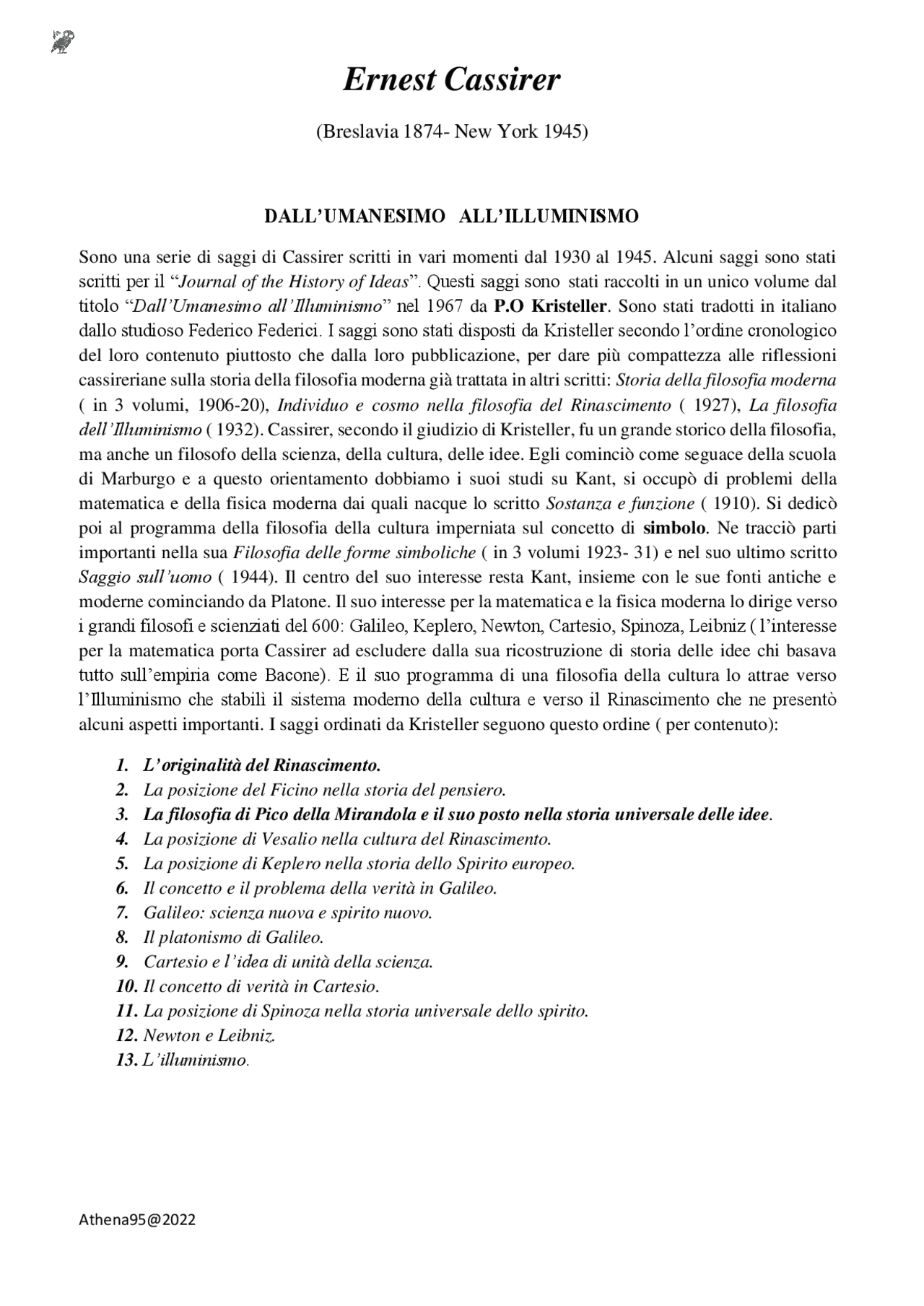 Ernest Cassirer Dallumanesimo Allilluminismo Docsity