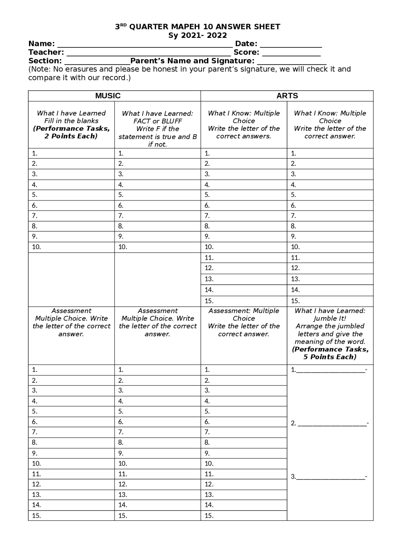 Answer Sheets For English Docsity