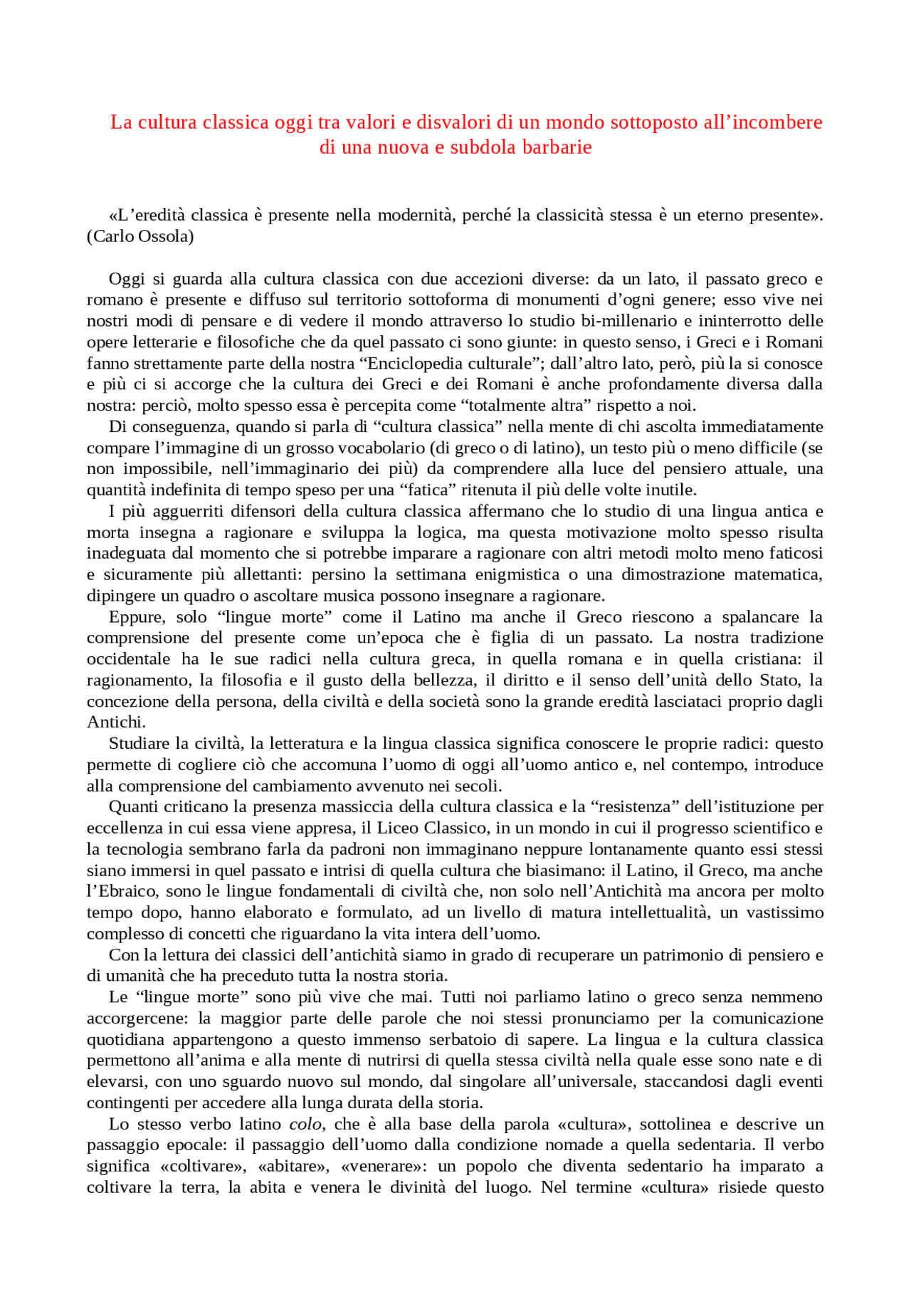 Riflessioni Sulla Cultura Classica Docsity