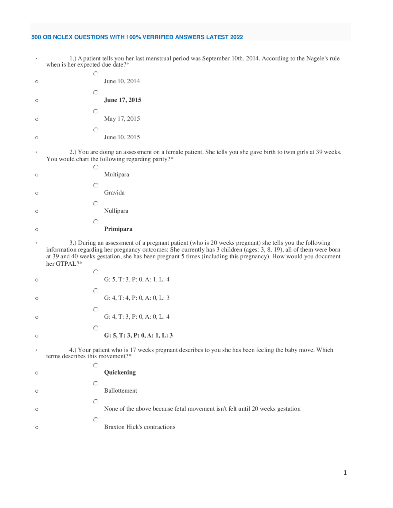 500 OB NCLEX QUESTIONS WITH 100% VERRIFIED ANSWERS LATEST 2022 - Docsity