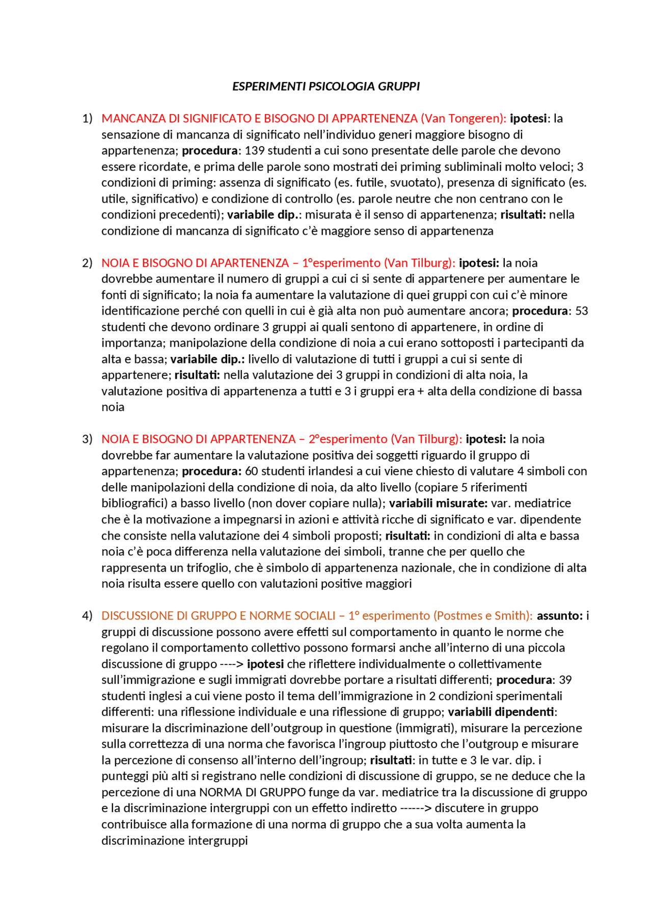 Esperimenti del corso di Psicologia dei Gruppi - Docsity