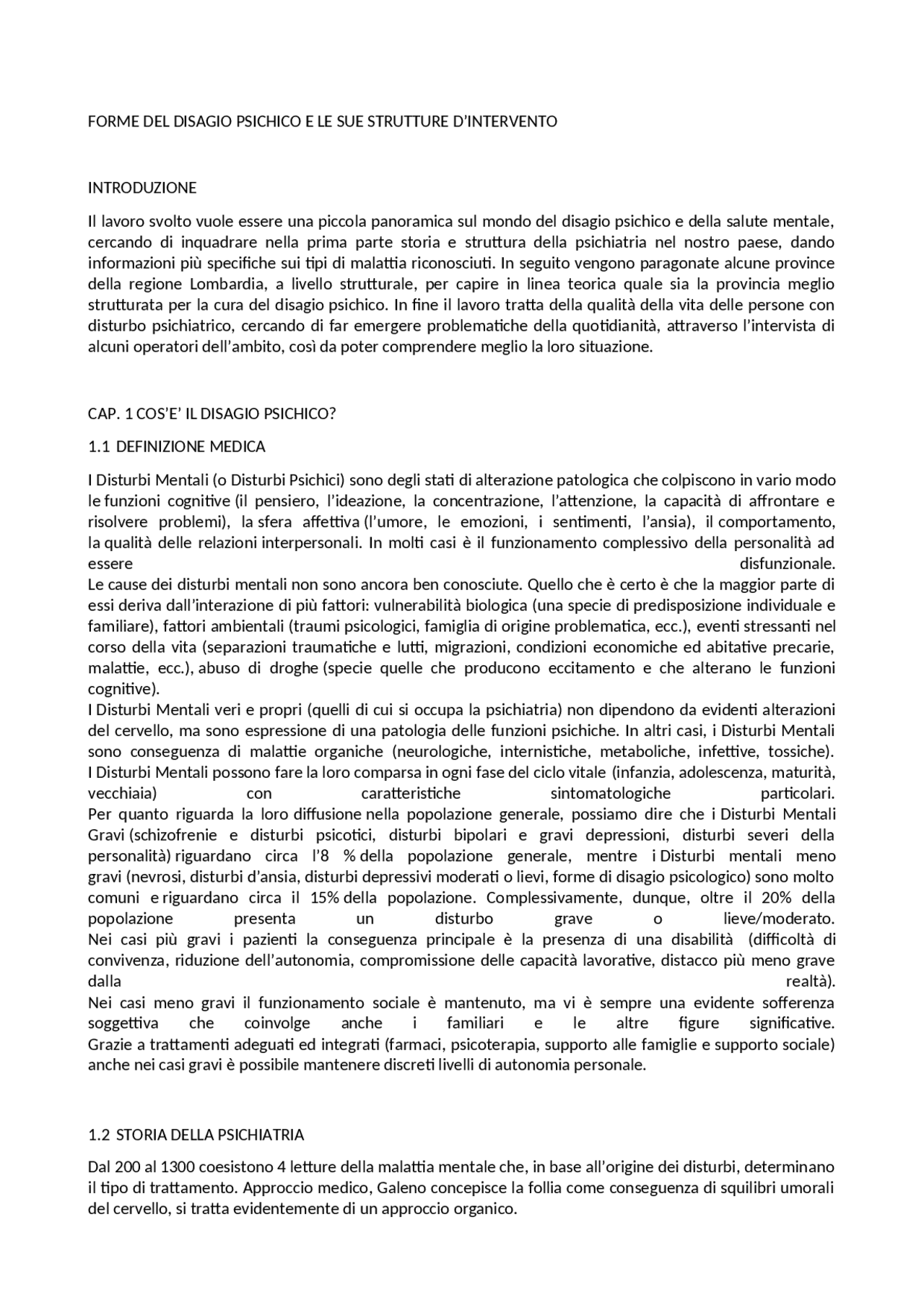 FORME DEL DISAGIO PSICHICO E STRUTTURE DI INTERVENTO - Docsity
