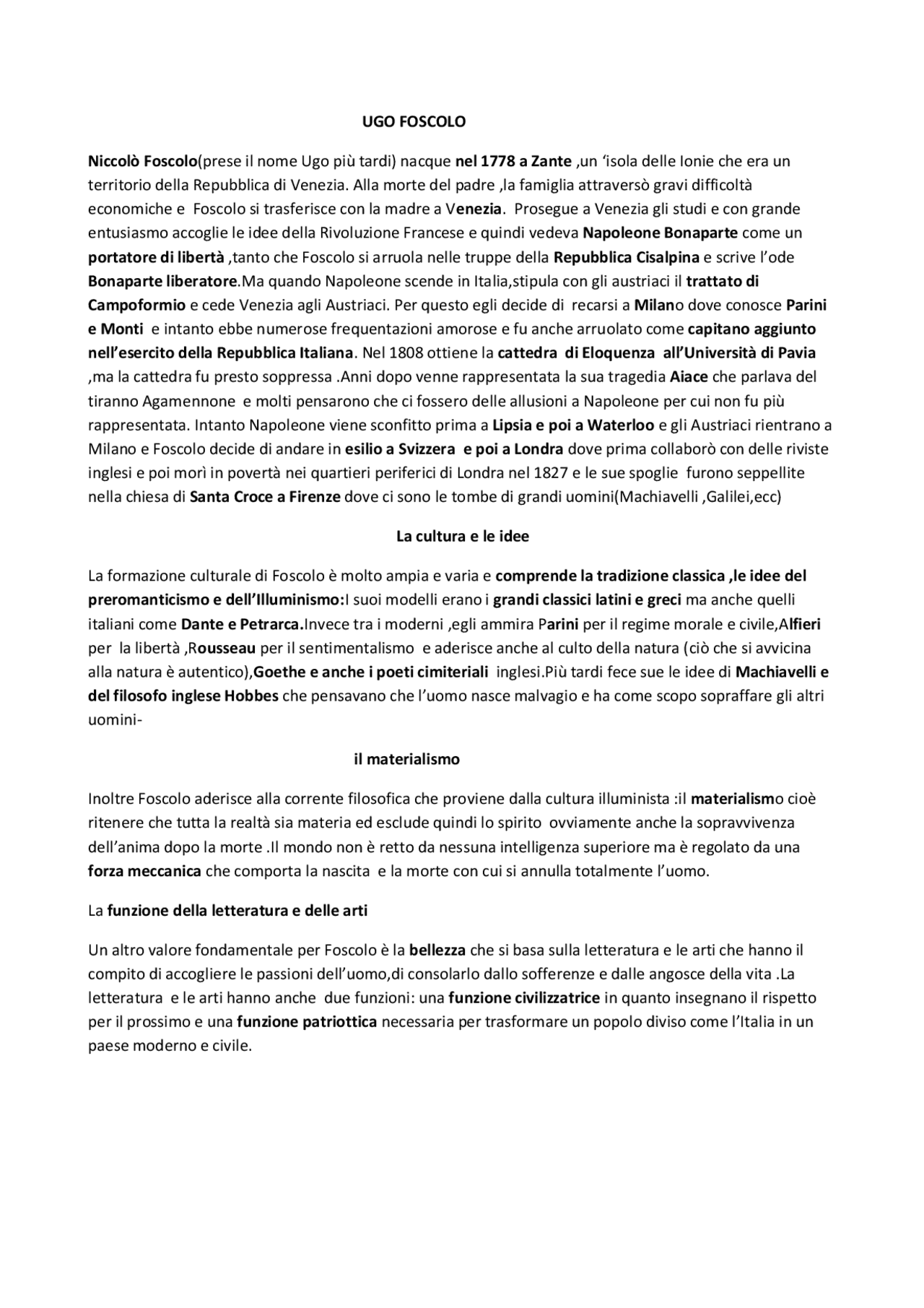 Ugo Foscolo Sintesi E Poesie Docsity