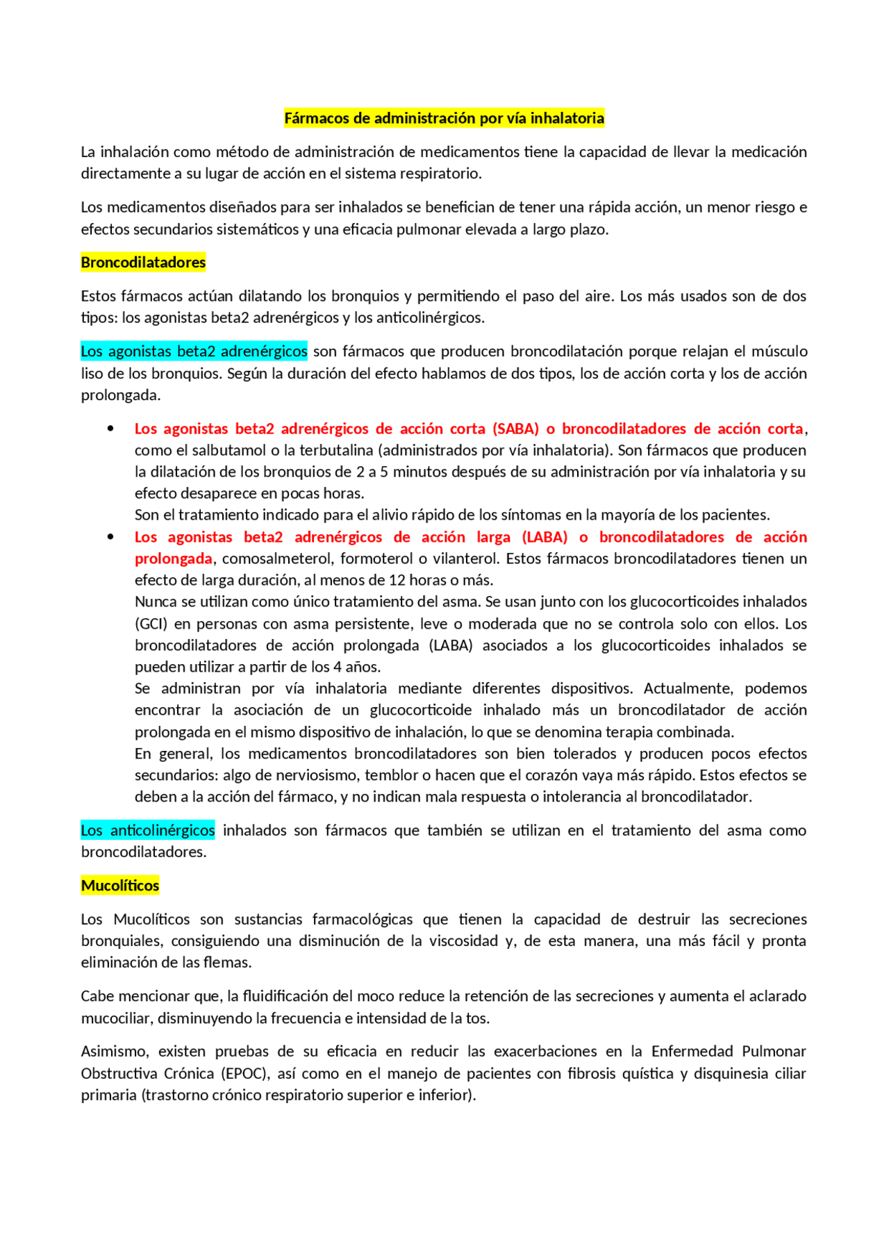 Fármacos de administración por vía inhalatoria - Docsity