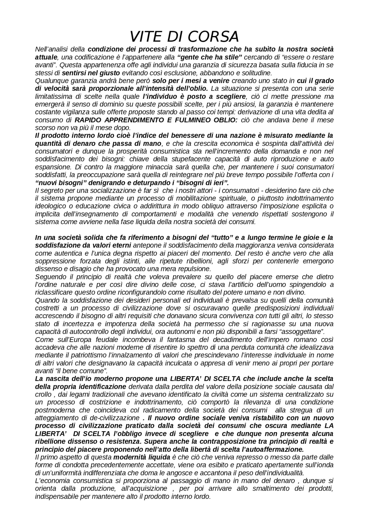 Vite Di Corsa Di Baumann Sintesi Del Corso Di Etica Docsity