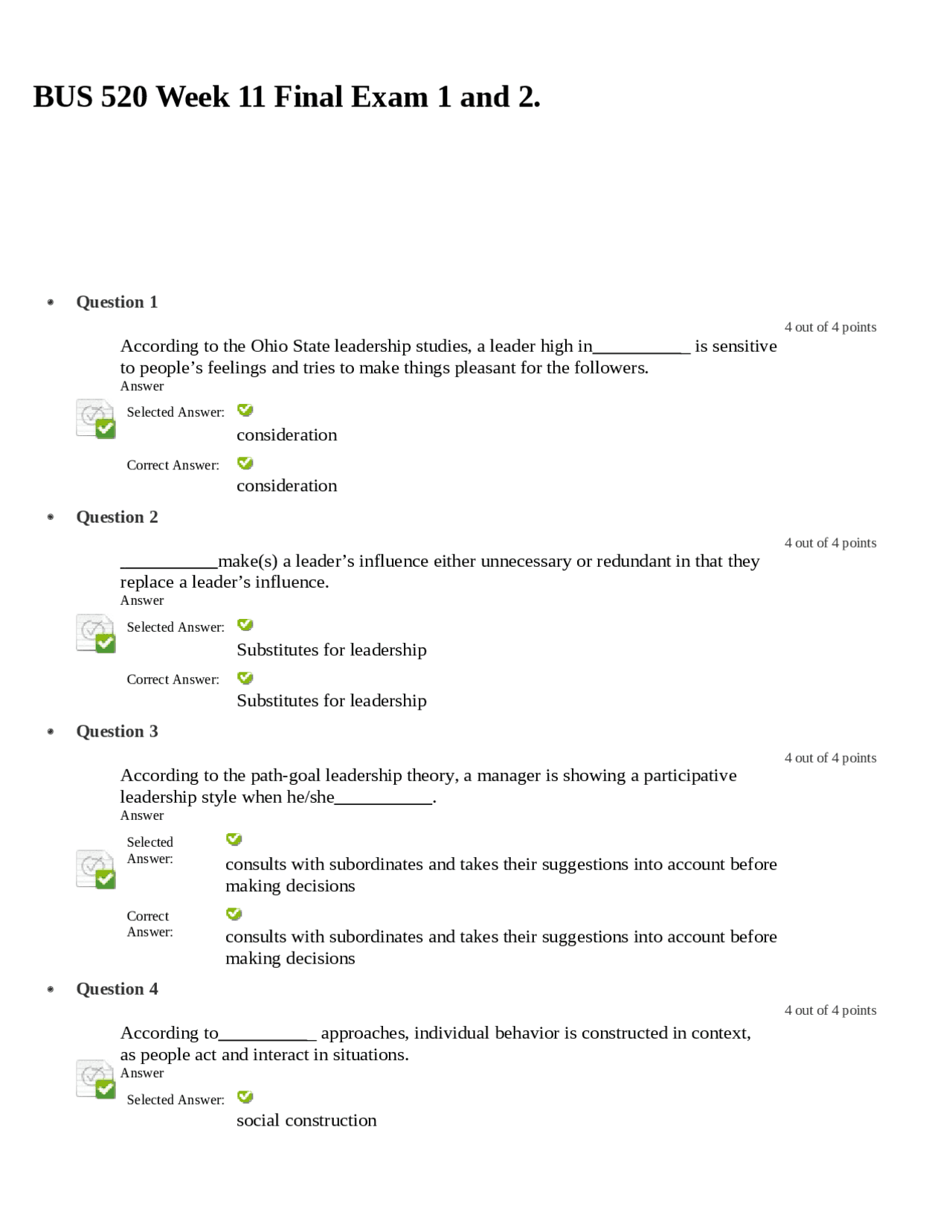 BUS 520 Week 11 Final Exam 1 and 2 (Strayer) 5 different sets ...