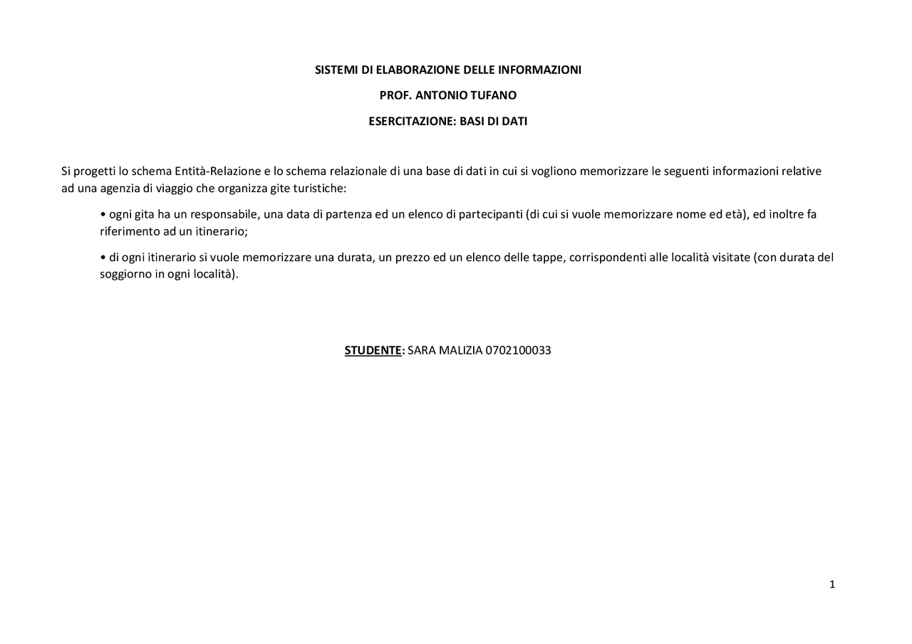 Sistemi Di Elaborazione Delle Informazionielaborato Db 1 Prove D