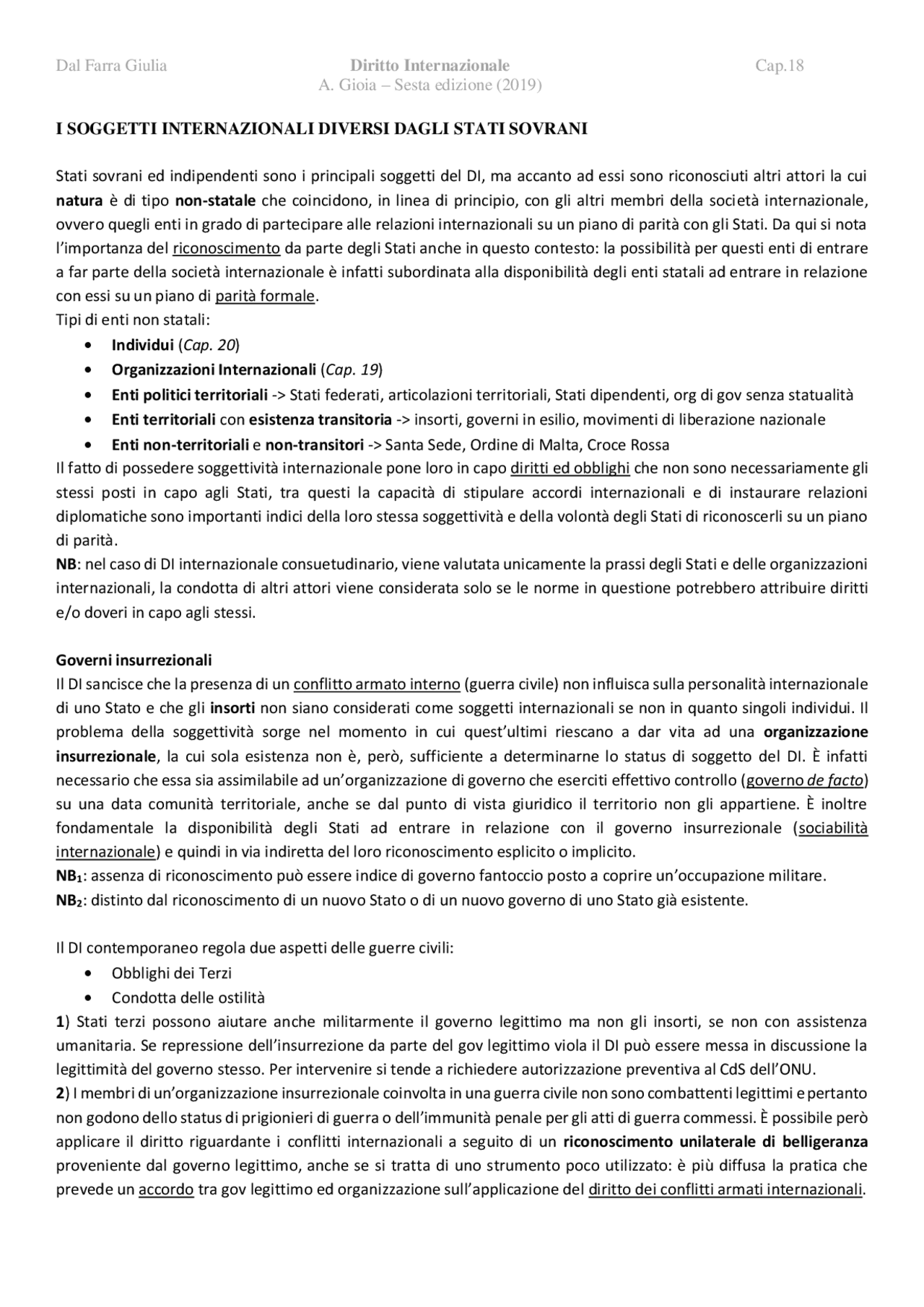 Diritto Internazionale A Gioia Cap 18 26 Tranne Cap20 Docsity