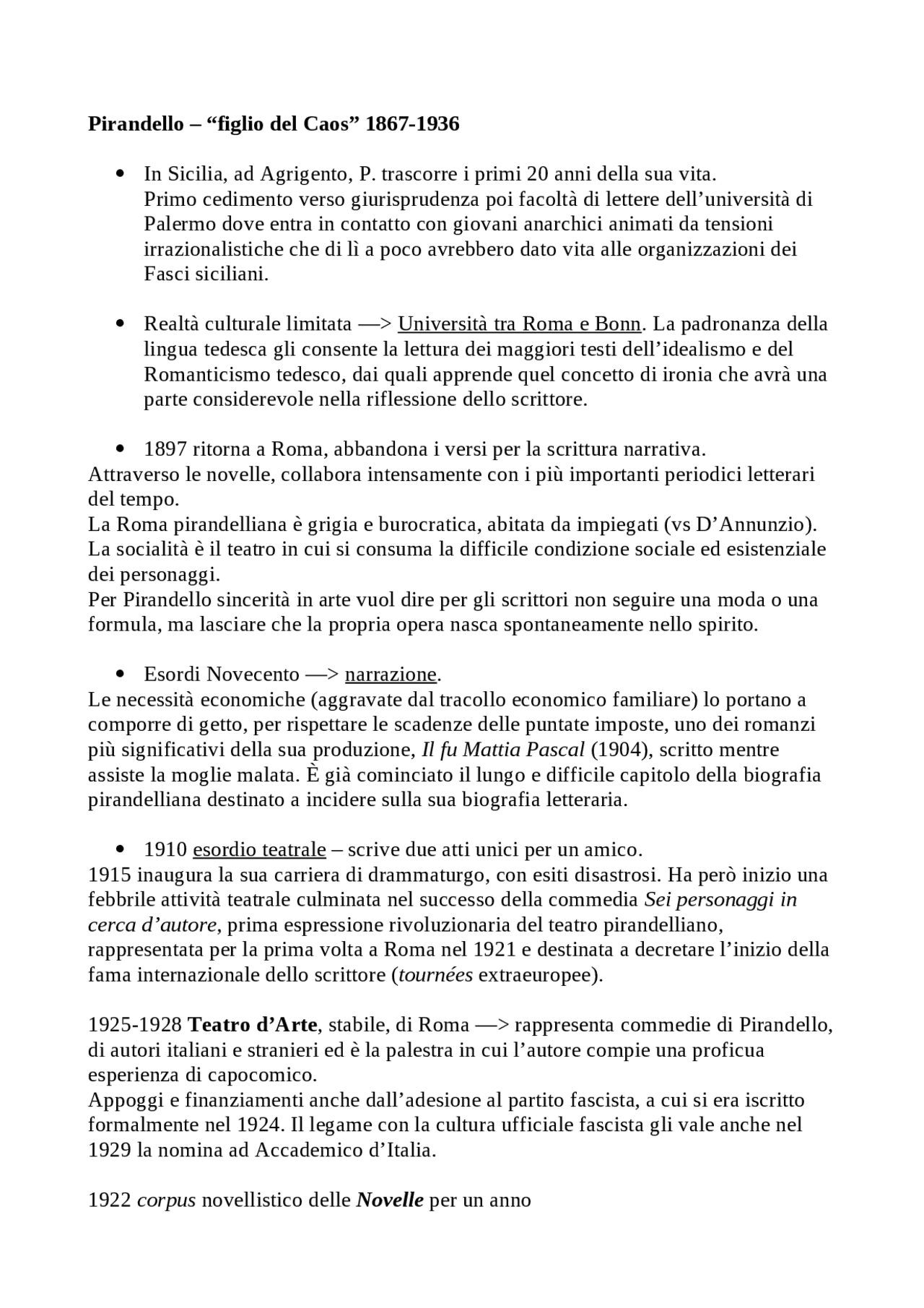 Pirandello Vita E Opere Docsity