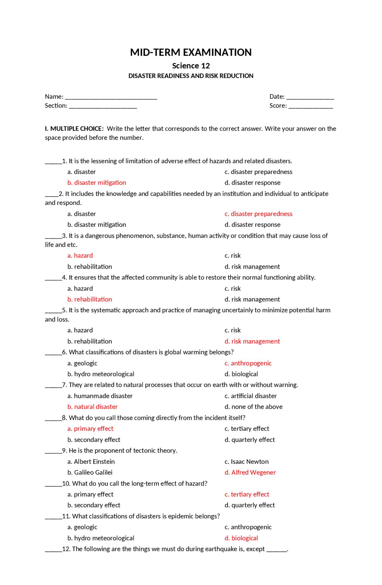 Earth Science Examination Docsity