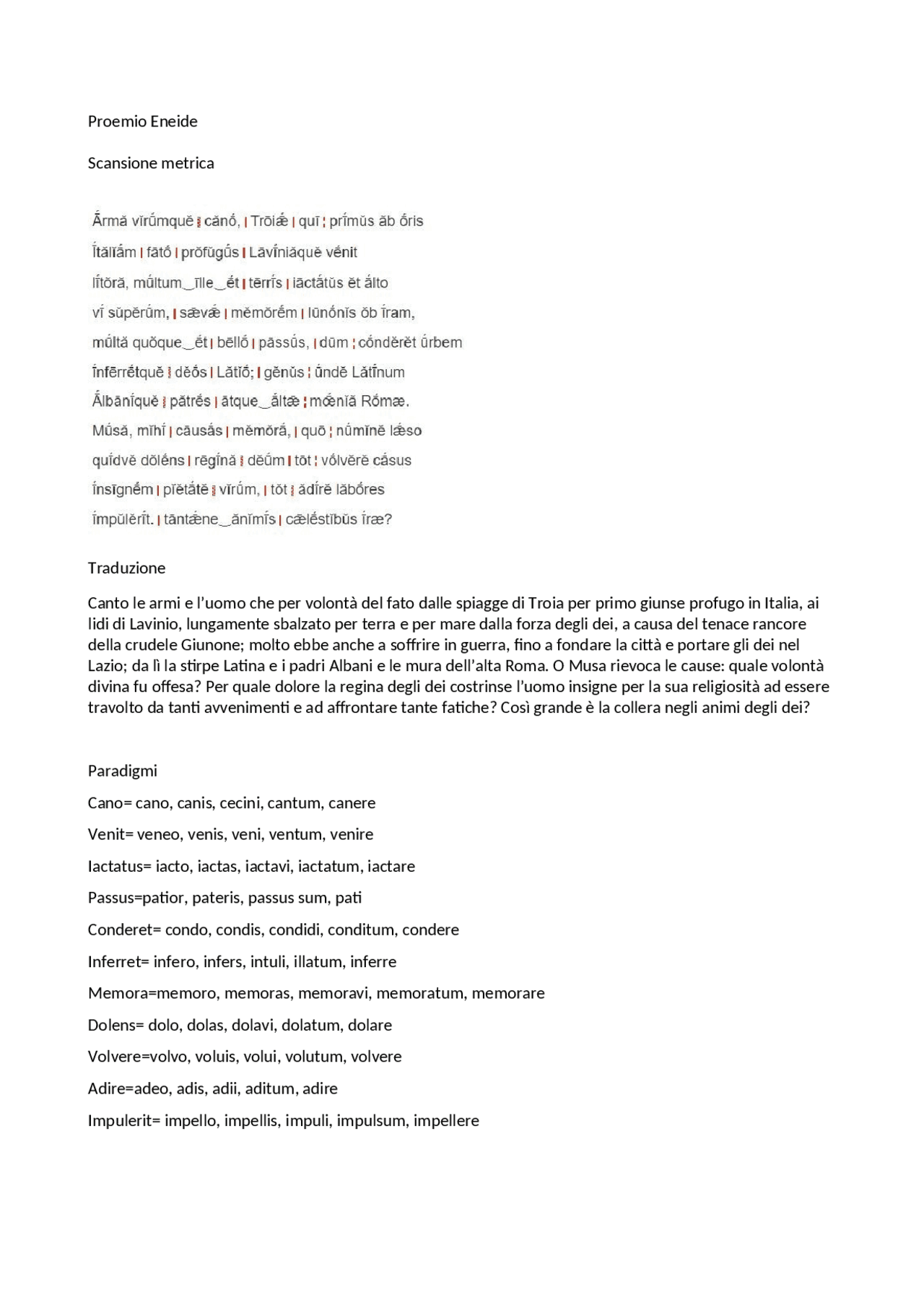 Scansione metrica, traduzione e paradigmi Proemio Eneide | Traduzioni di Latino | Docsity