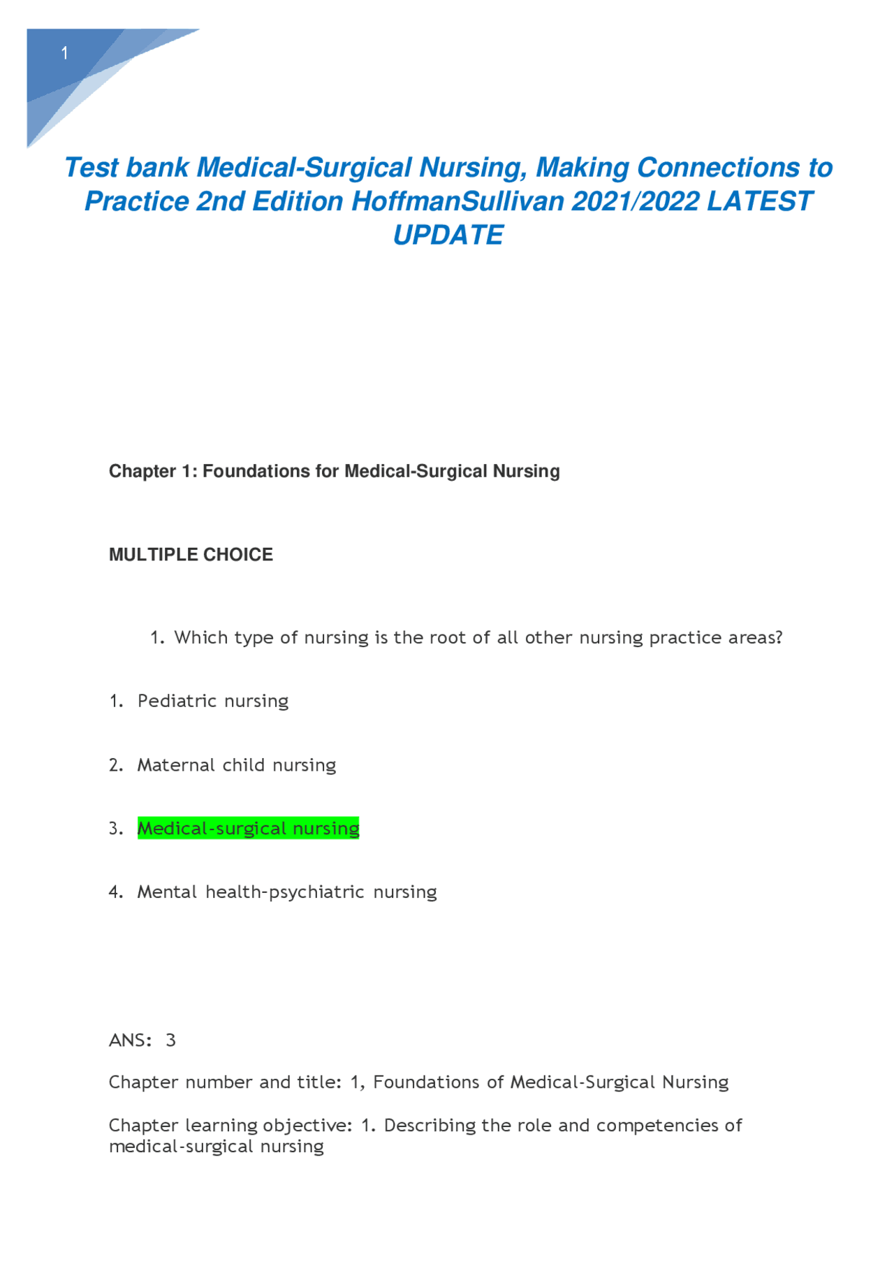 Test bank Medical-Surgical Nursing, Making Connections to Practice 2nd ...
