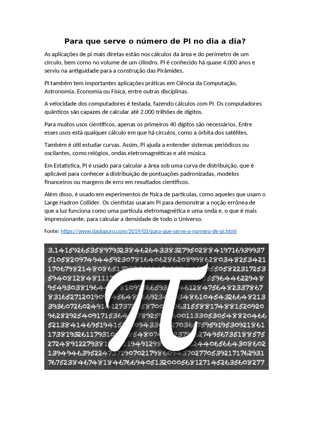 Aplicações de pi no dia a dia | Resumos Matemática | Docsity