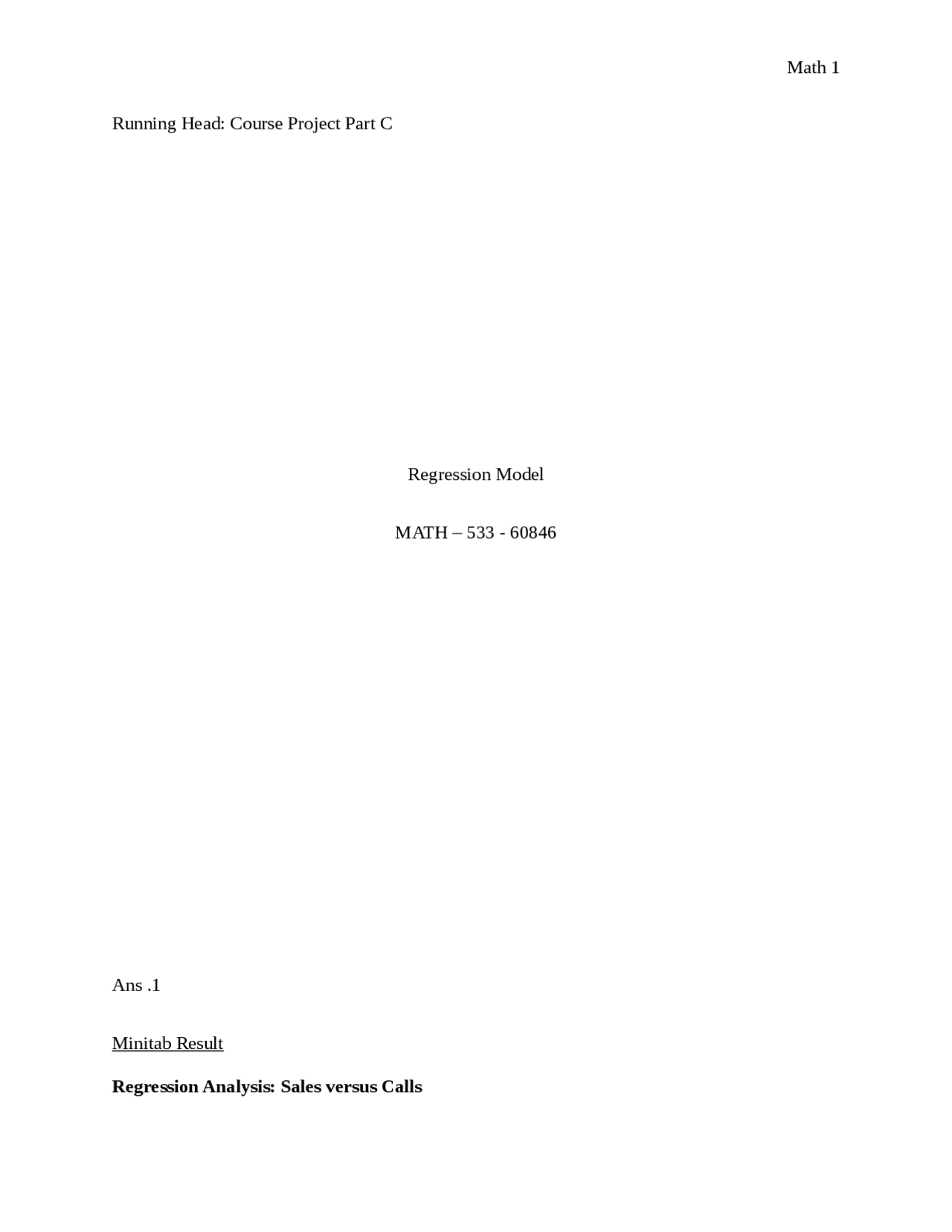 MATH 533 Week 7 Course Project Part C Regression and Correlation Analysis (SALESCALL Proje - Docsity