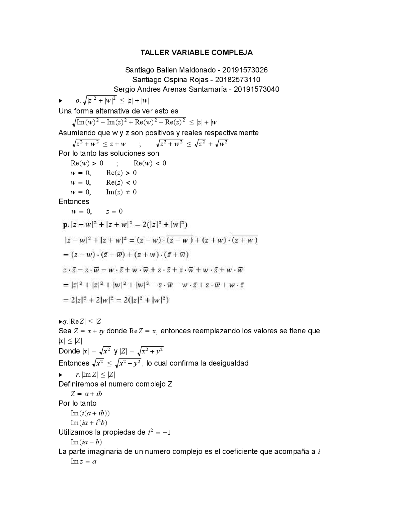 Demostraciones sobre números complejos y desarrollo de ecuaciones de variable compleja - Docsity