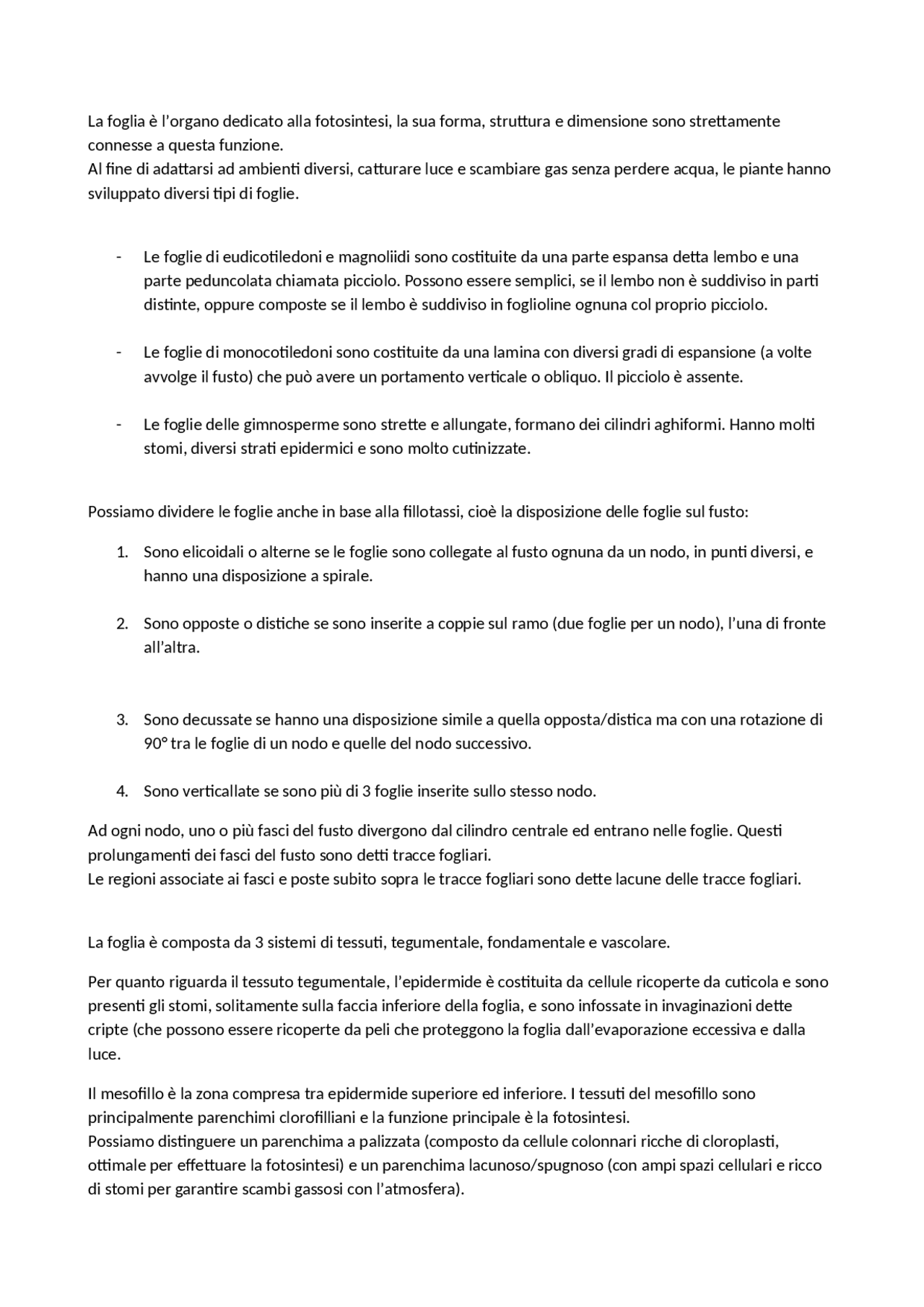 Appunti Foglia Botanica Scienze Biologiche Docsity