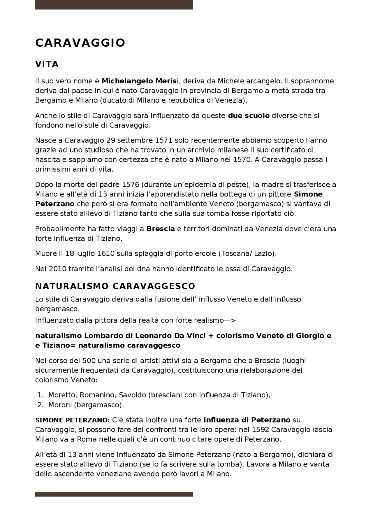 Caravaggio: artista tormentato sempre in viaggio - Docsity