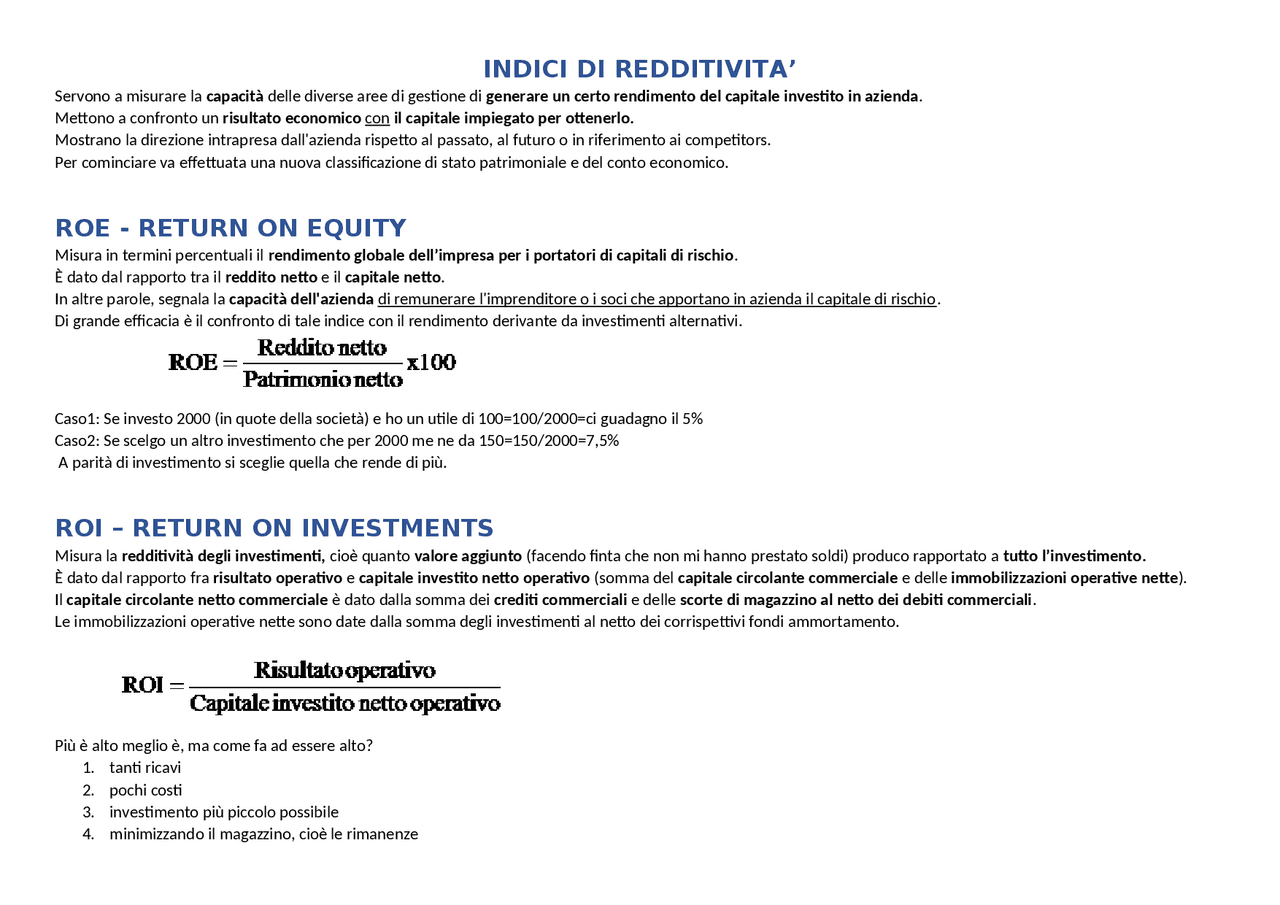 Spiegazioni indici ROS, ROE e ROI - Docsity
