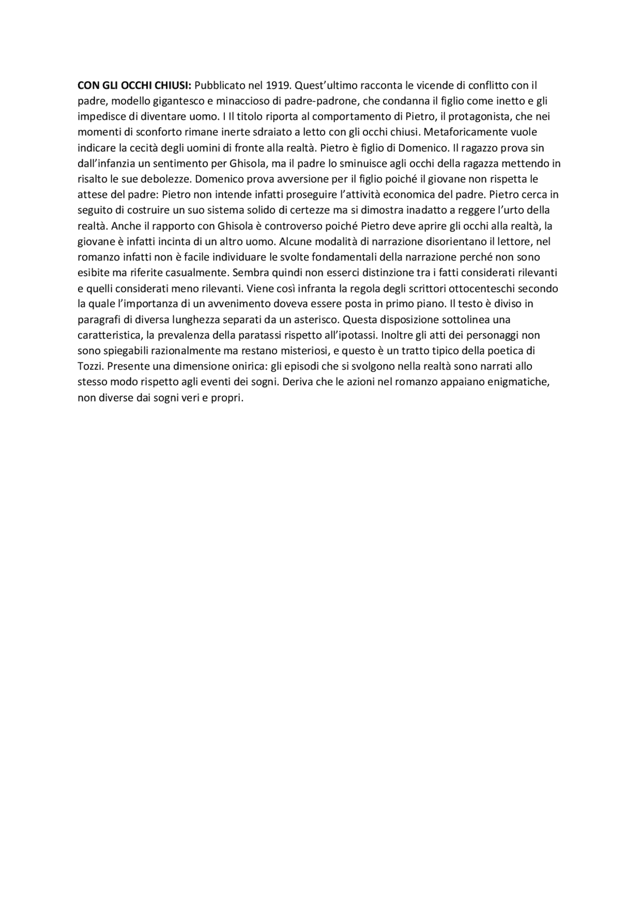 Con Gli Occhi Chiusi Tozzi Dispense Di Letteratura Docsity