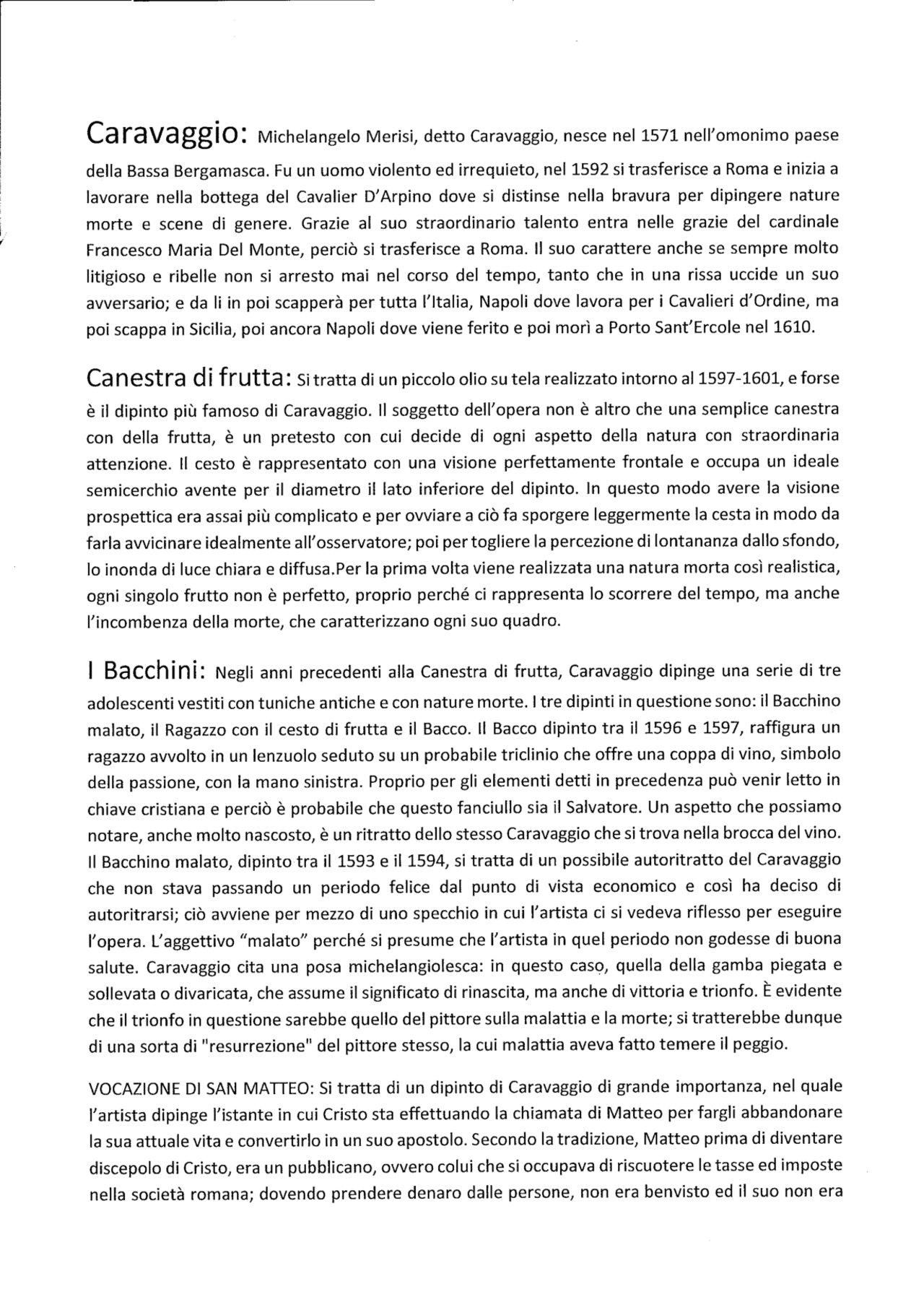 Riassunto Caravaggio, vita e opere | Appunti di Elementi di storia dell'arte ed espressioni ...