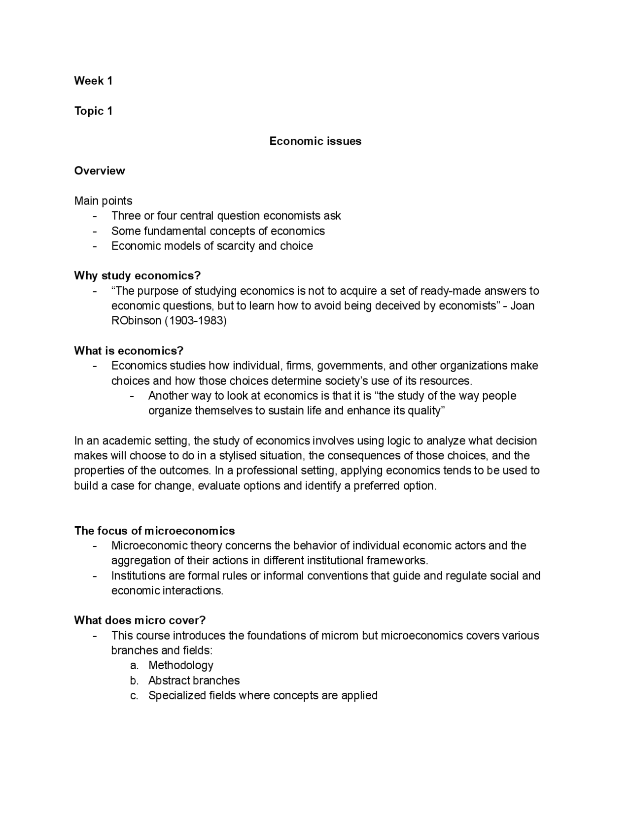 Econ130 week 1 notes | Lecture notes Economics | Docsity
