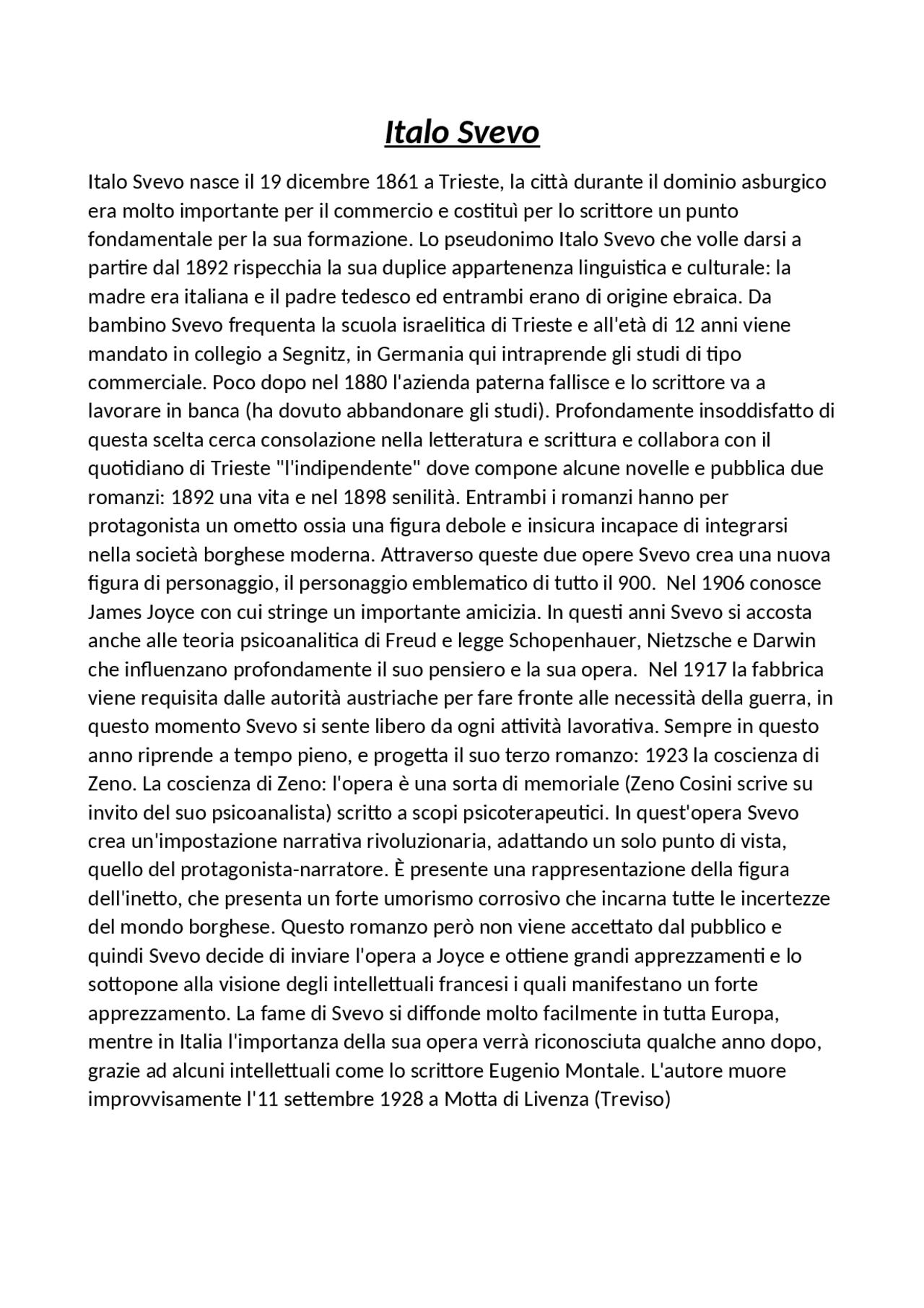 Italo svevo vita e opere - Docsity