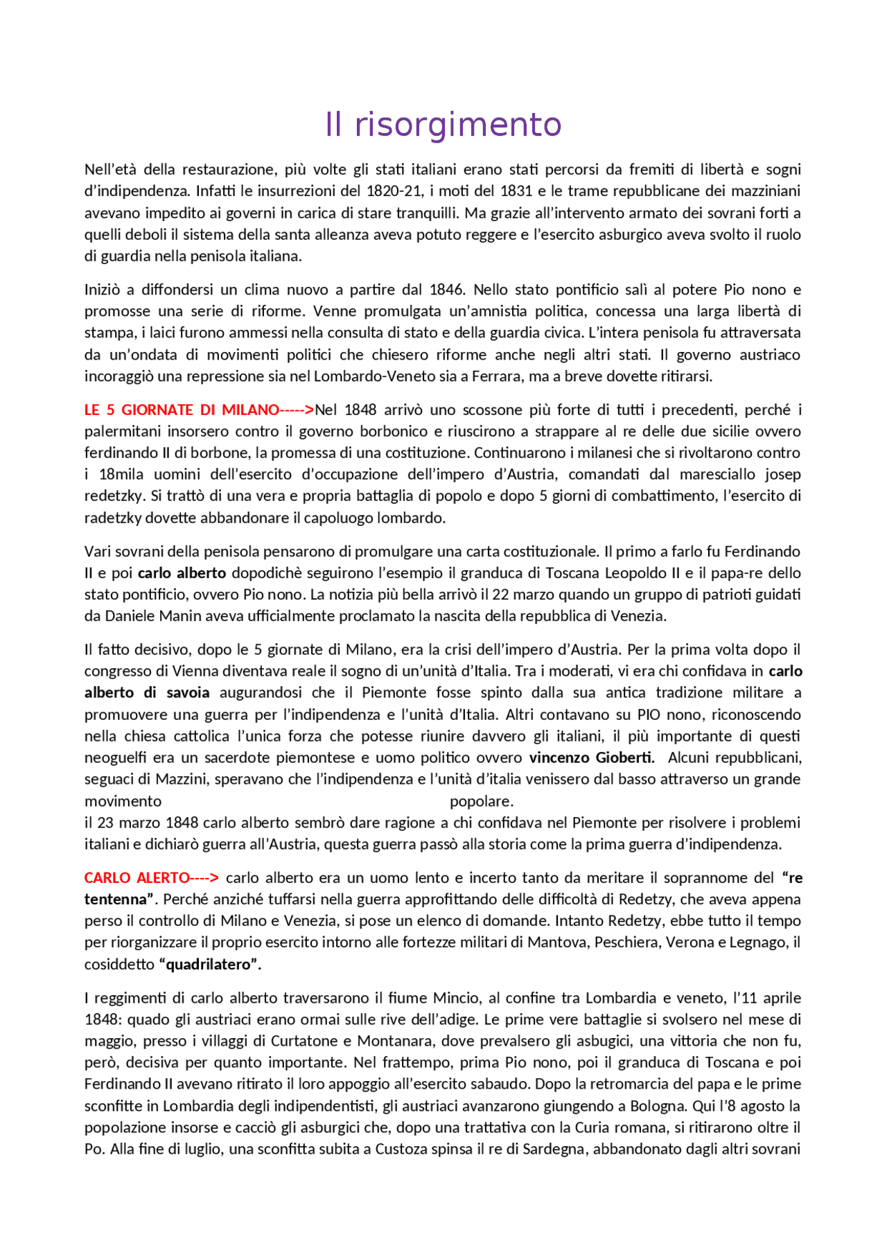 L'epoca del risorgimento - Docsity