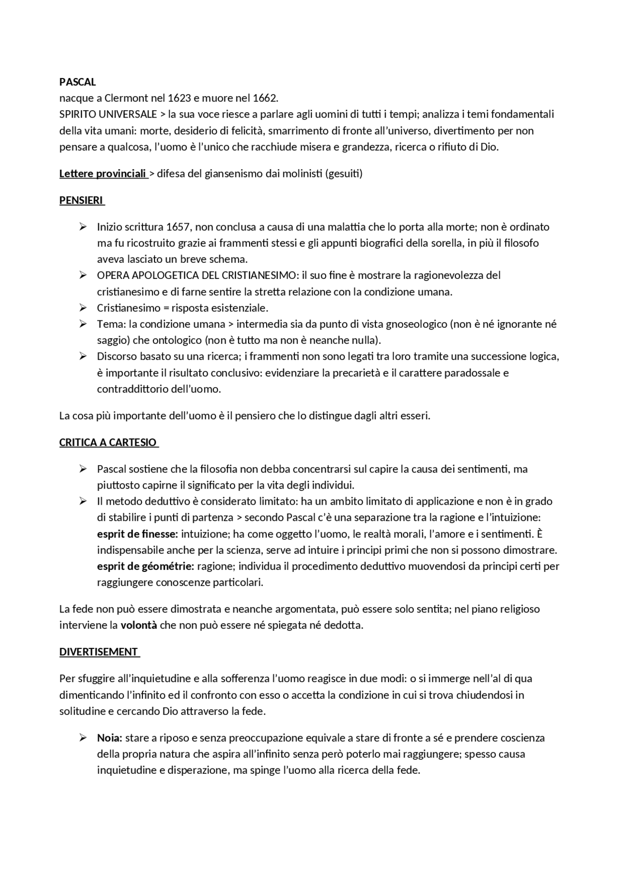 Riassunto Filosofia Pascal Docsity