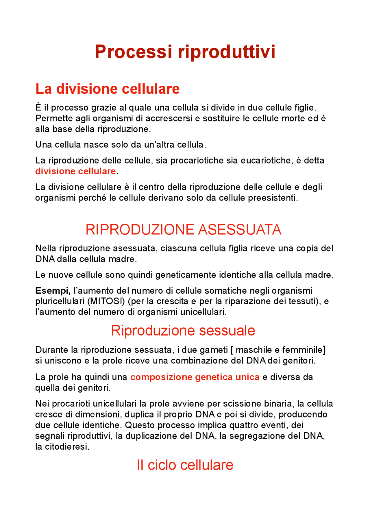 Riassunto Sui Processi Riproduttivi Docsity