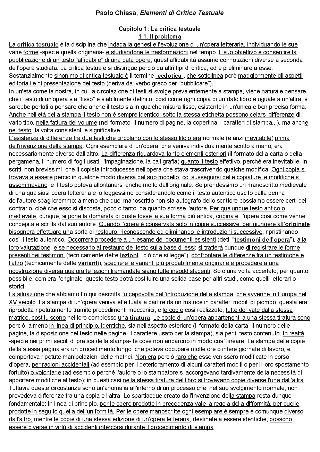 Riassunto Di Elementi Di Critica Testuale” Di Paolo Chiesa Docsity