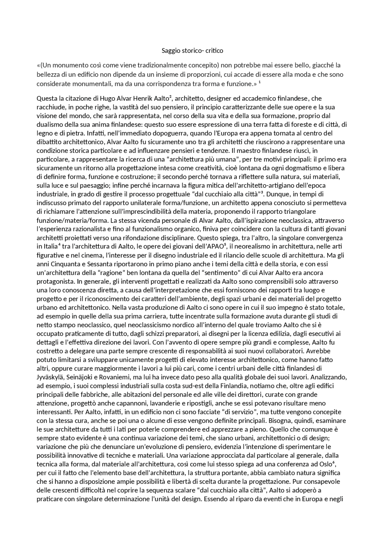 Saggio Storico Critico Alvar Aalto Docsity