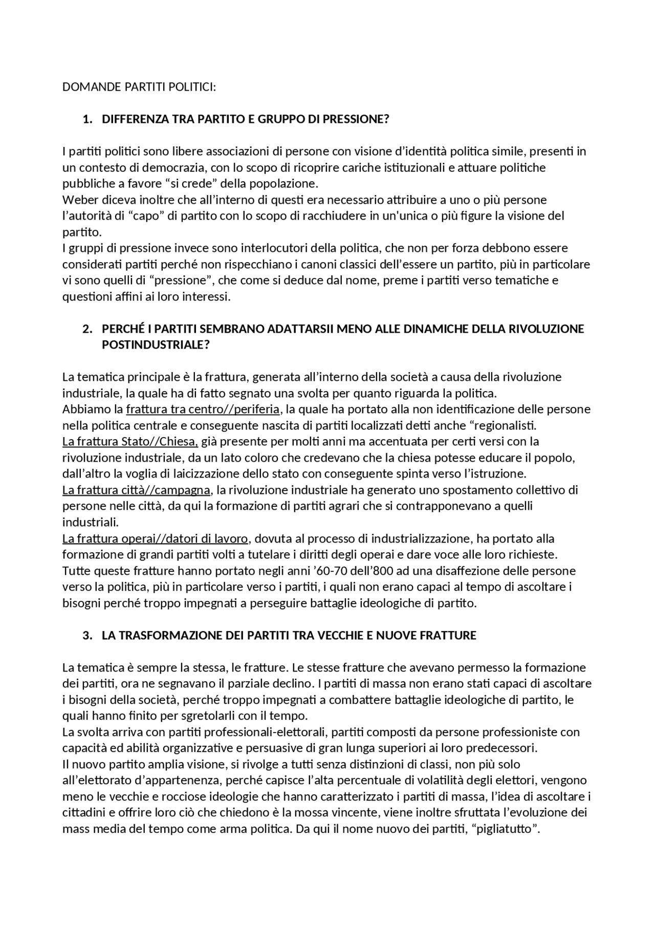 Possibili Domande Esame Partiti Politici e Gruppi di Pressione - Docsity