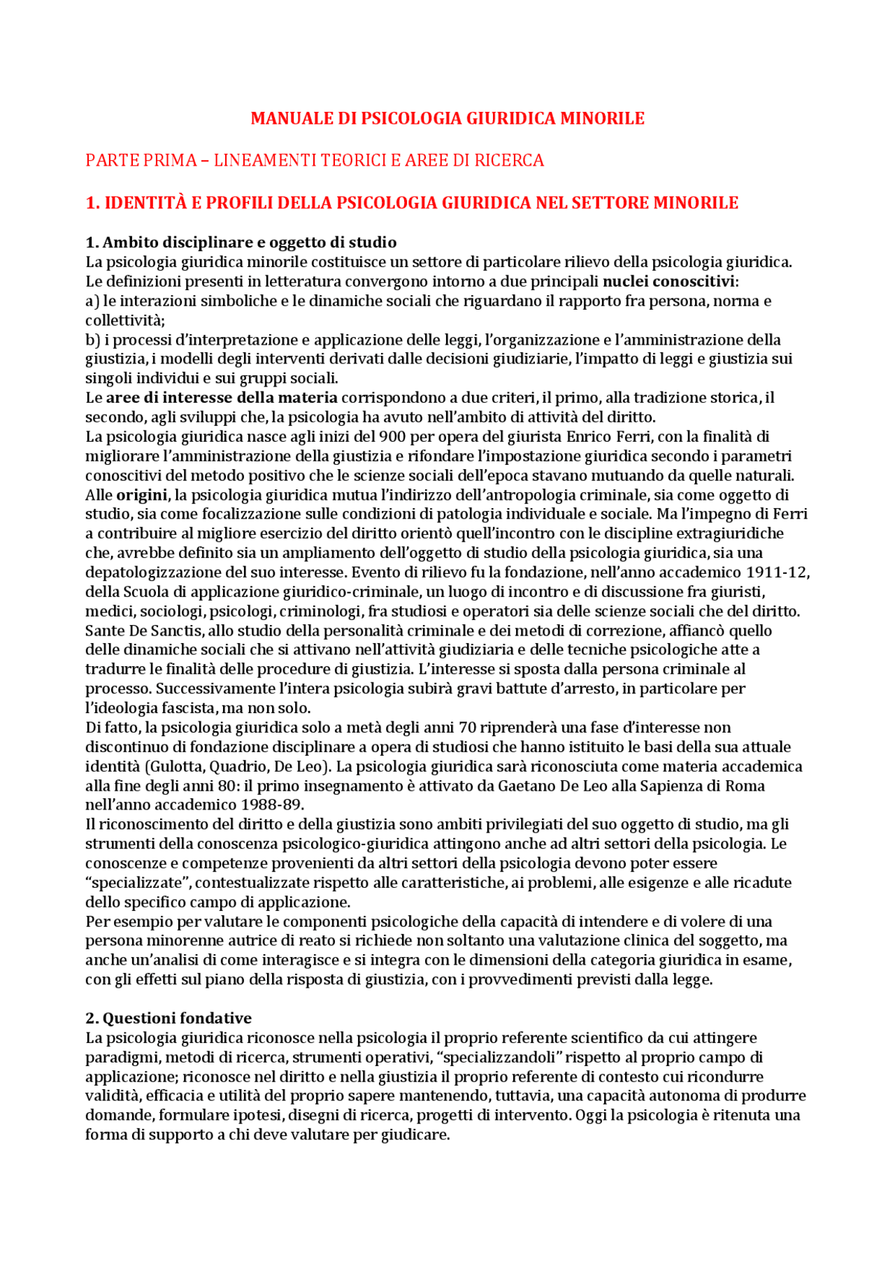 Manuale Di Psicologia Giuridica Minorile Docsity