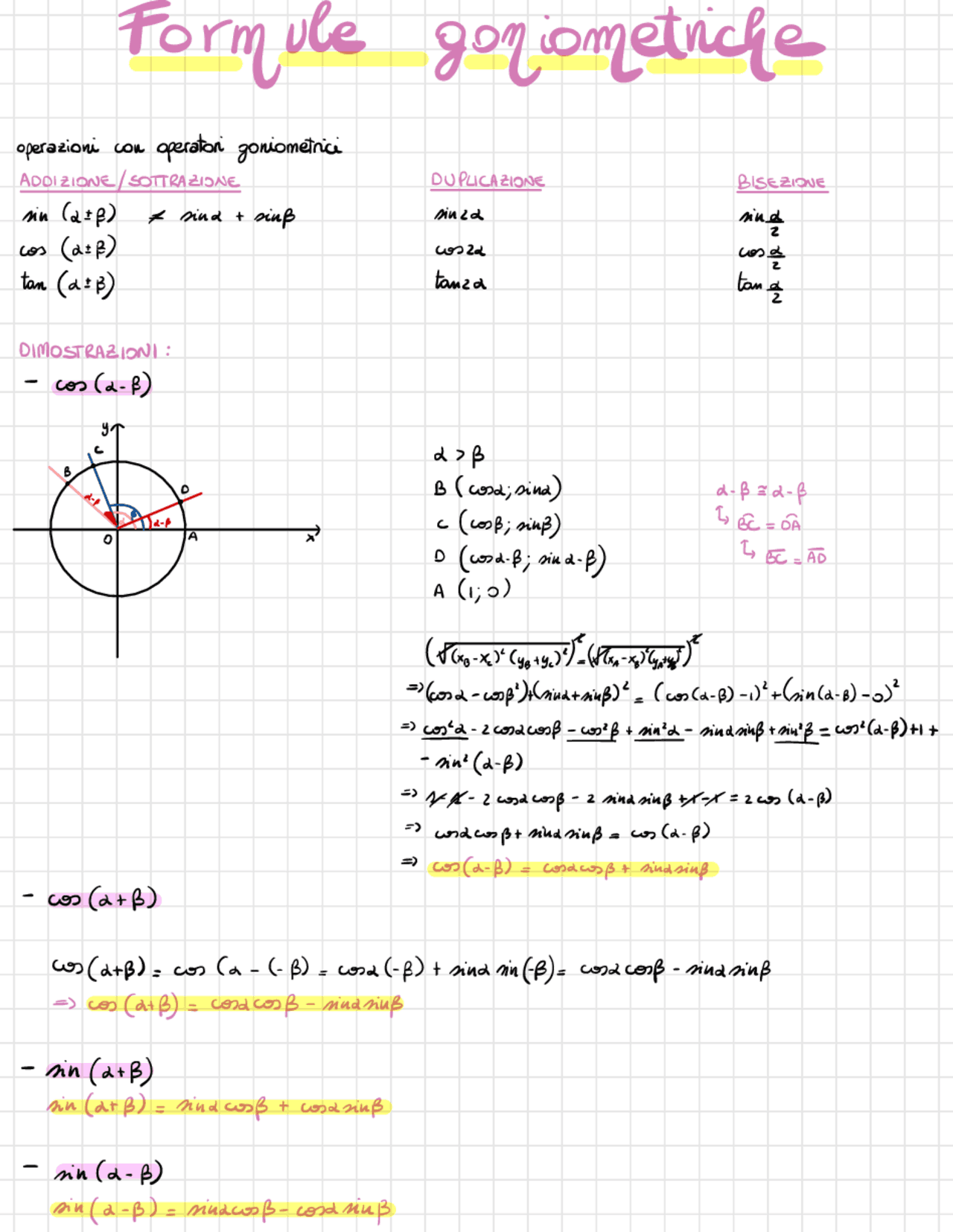 Formule Goniometriche Matematicageometria Docsity
