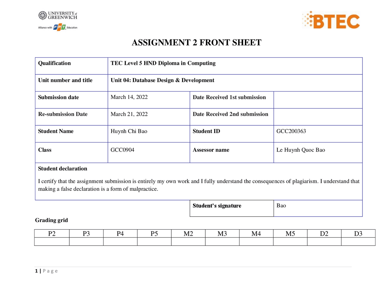 ASM2.2 - Database design | Assignments Database Programming | Docsity