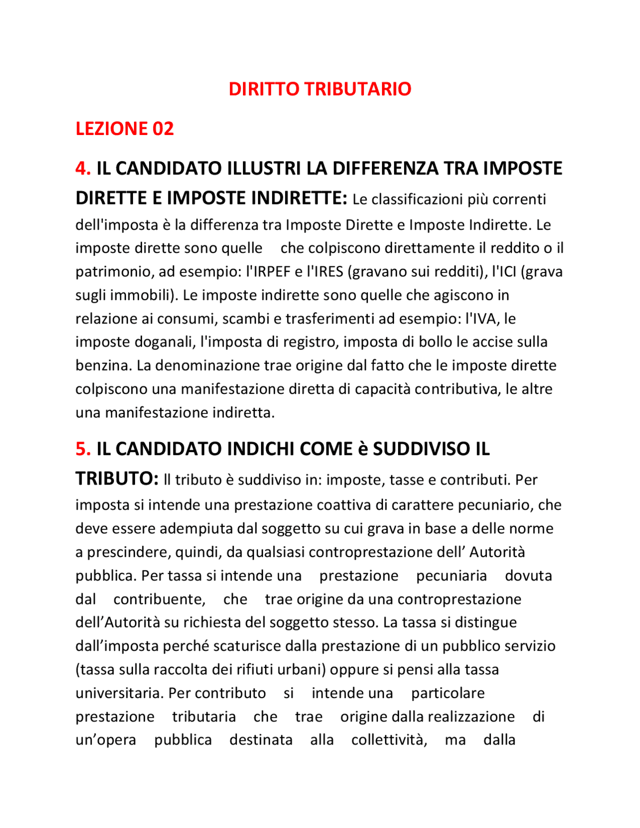 Domande aperte di Diritto Tributario - Docsity