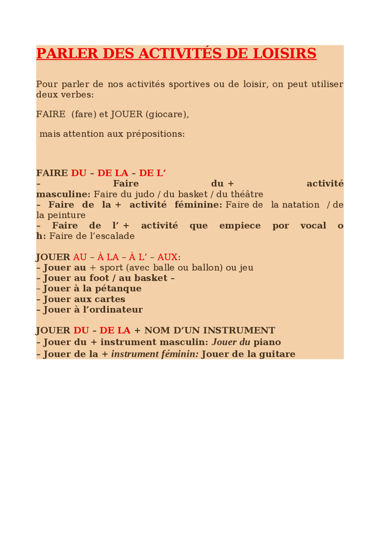 Parler des loisirs - francese - Docsity