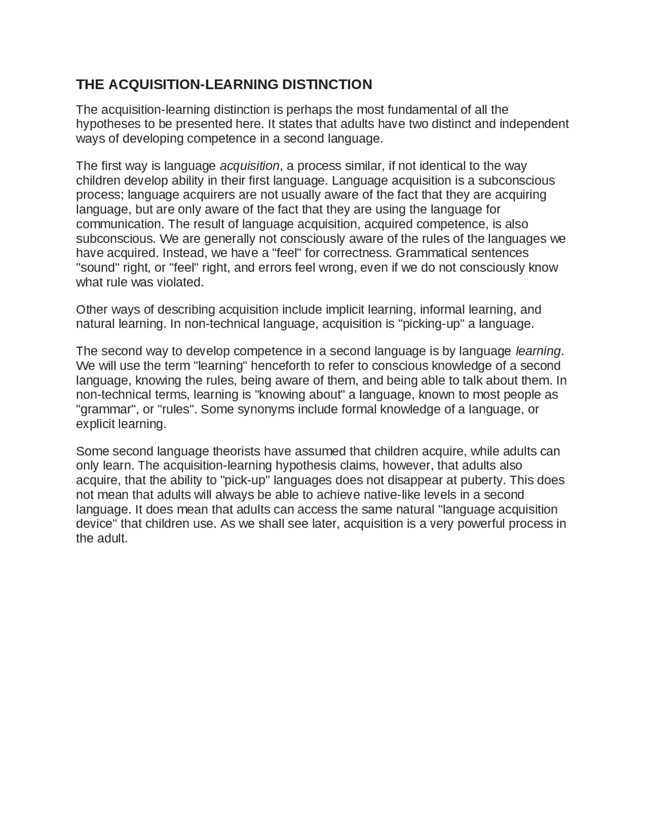 The Acquisition learning distinction - Docsity