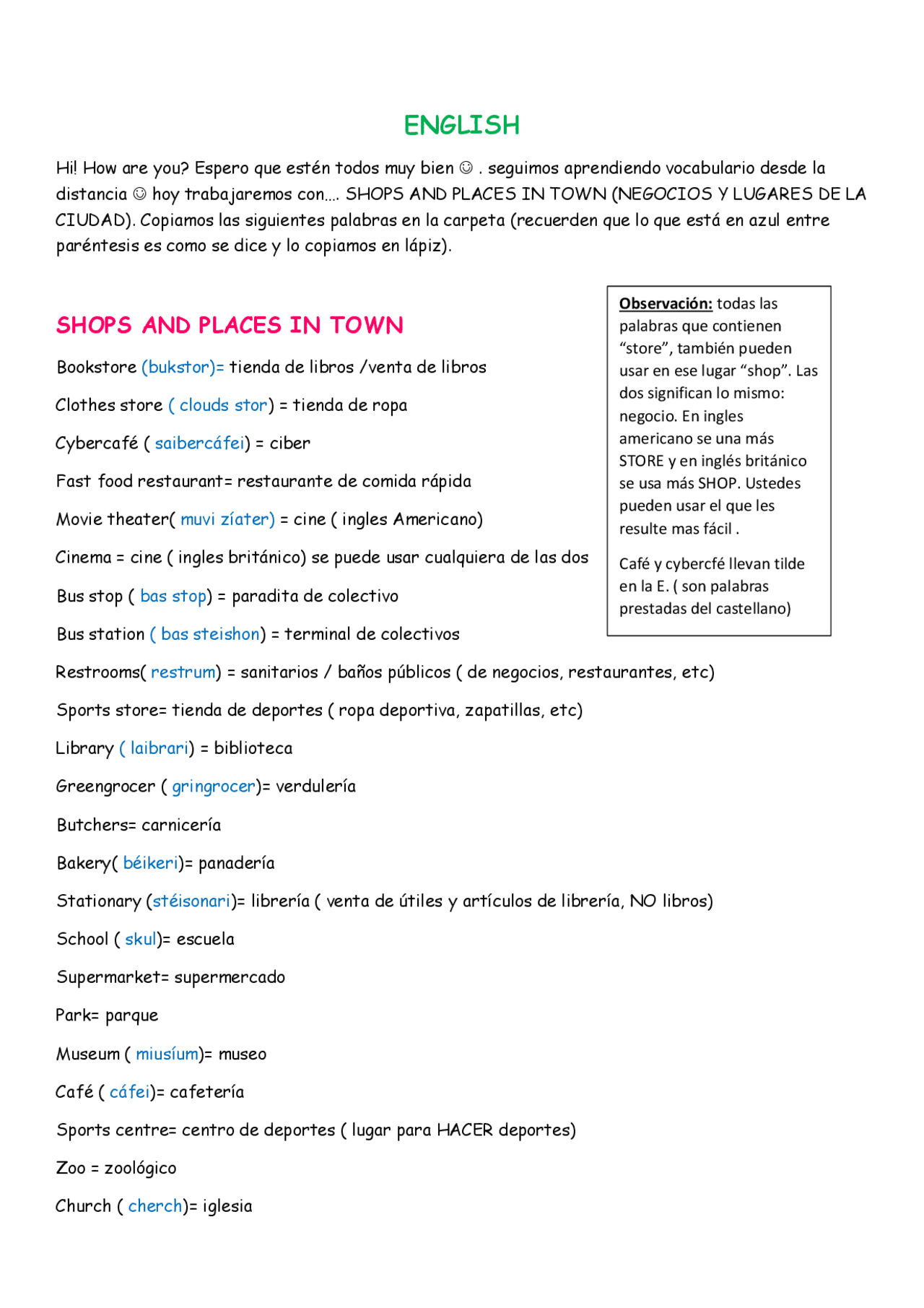 SHOPS AND PLACES IN TOWN (NEGOCIOS Y LUGARES DE LA CIUDAD) | Apuntes de ...