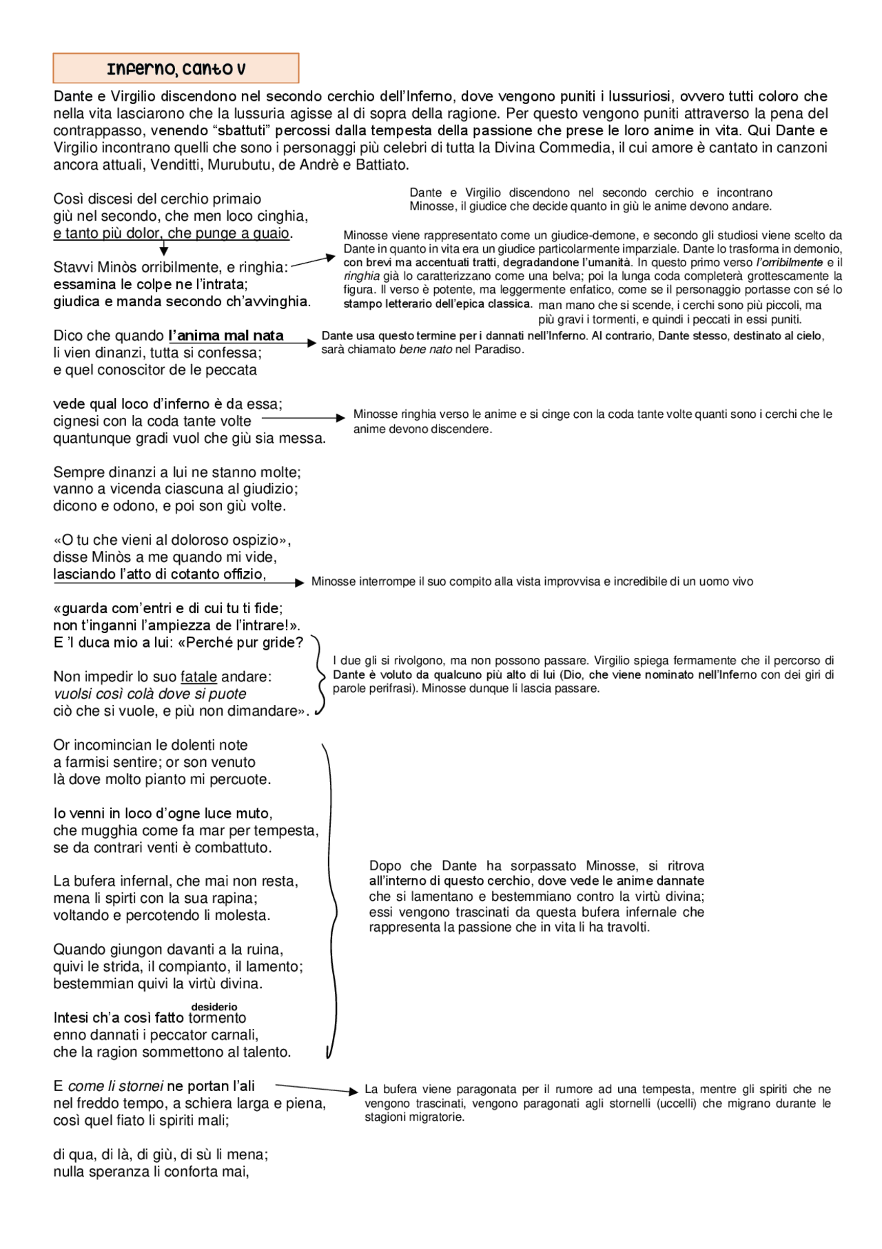 Inferno, Canto V - Divina Commedia, Dante Alighieri, analisi - Docsity