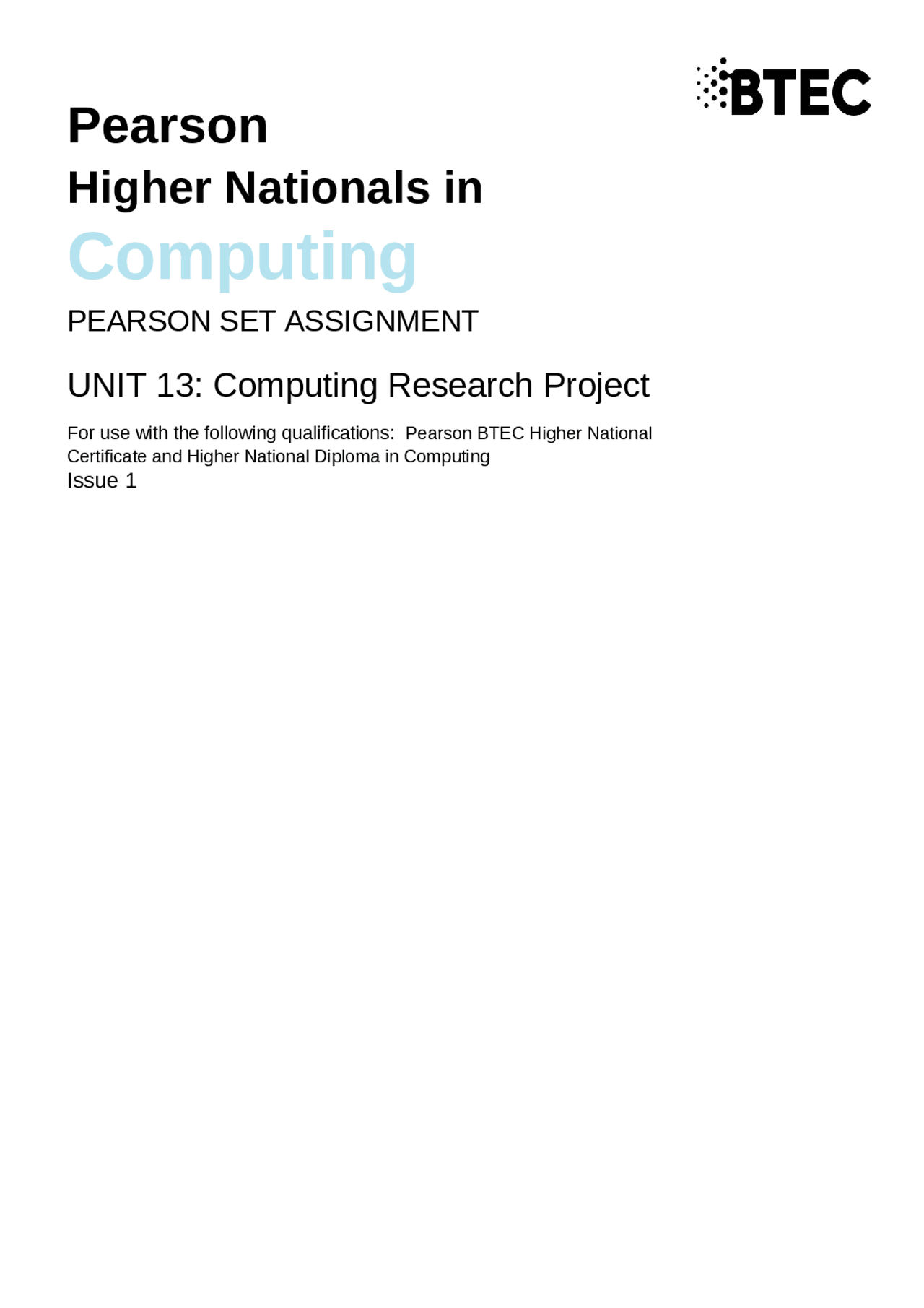 Unit 13 Computing Research Project Pearson Higher Nationals In