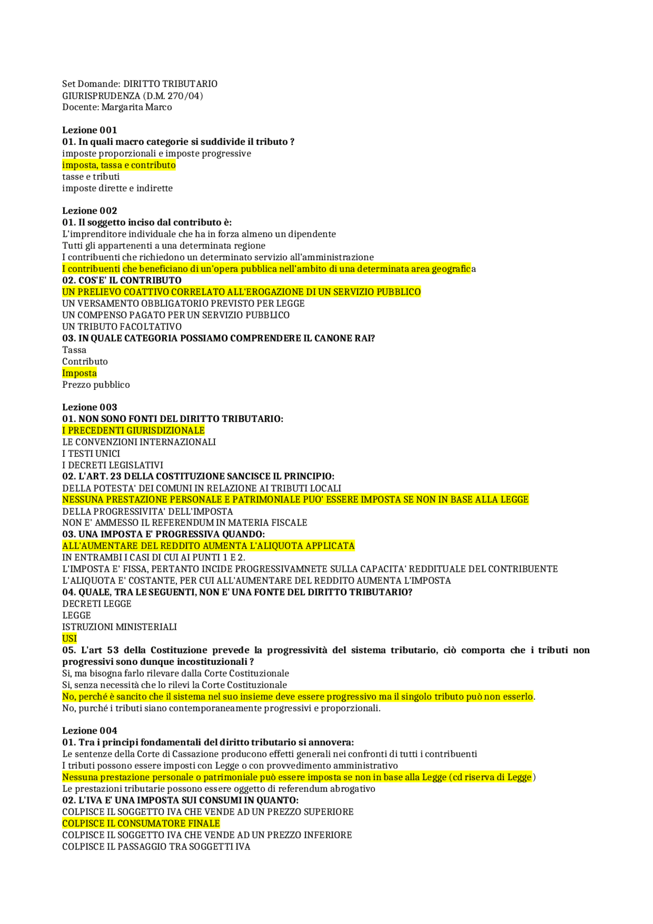 Domande Chiuse Dir Tributario E Campus Docsity