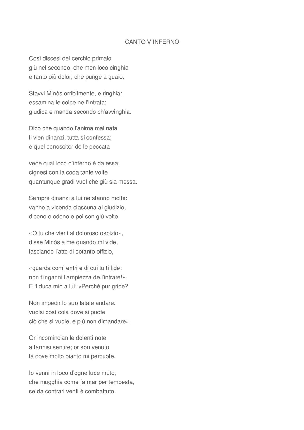 CANTO V INFERNO DI DANTE - Docsity