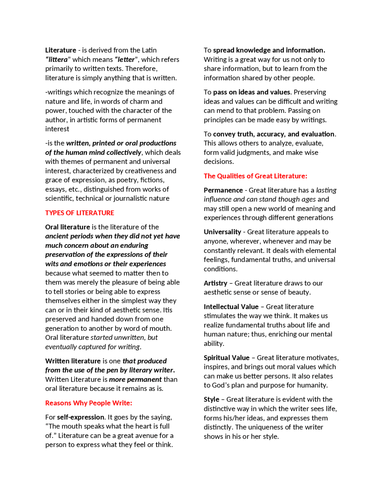 Lecture notes about literature | Lecture notes History | Docsity