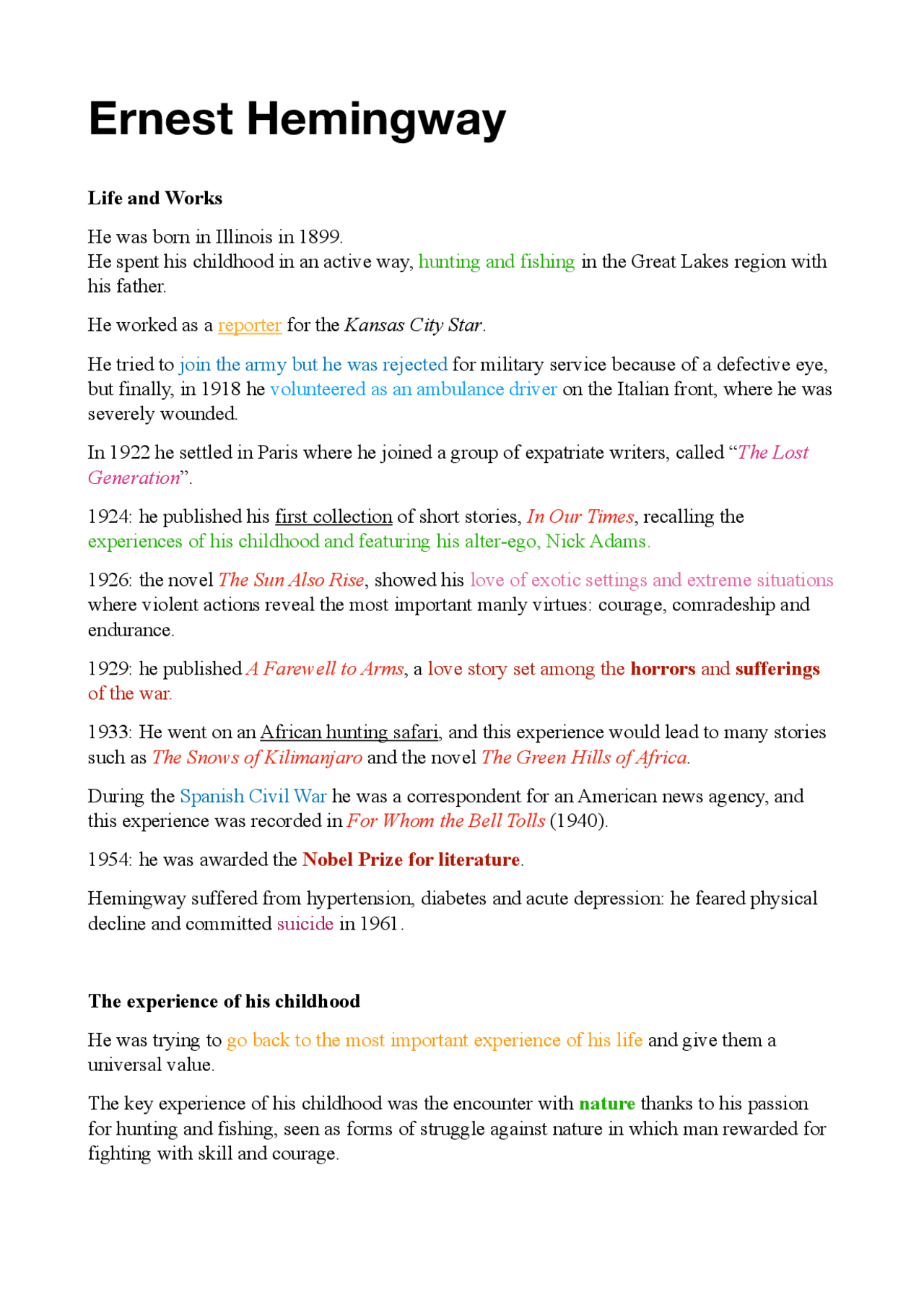 Hernest Hemingway - life and works - Docsity