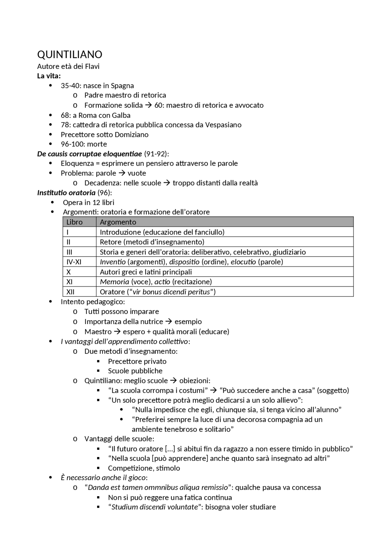 Schema su Quintiliano - Docsity