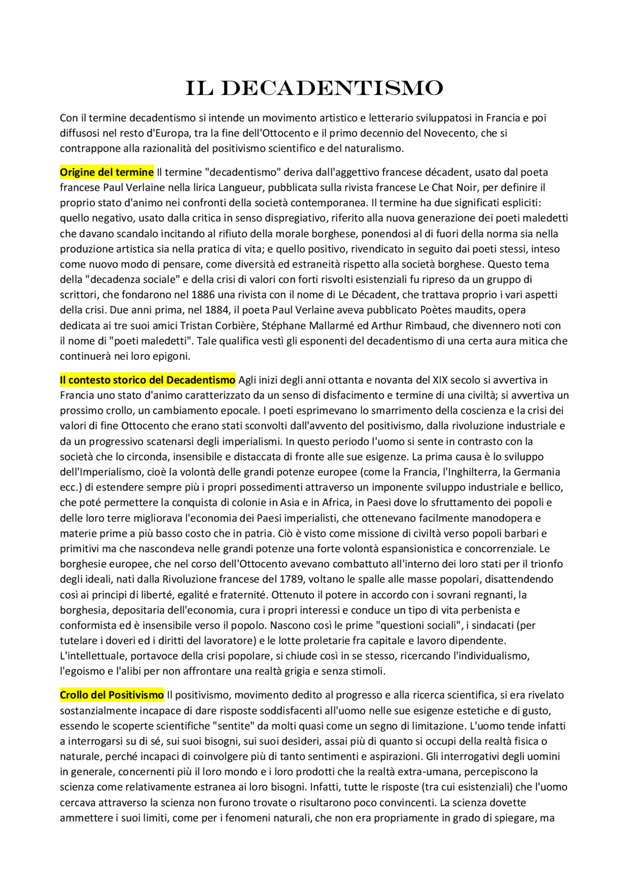 Il Decadentismo Letteratura Docsity
