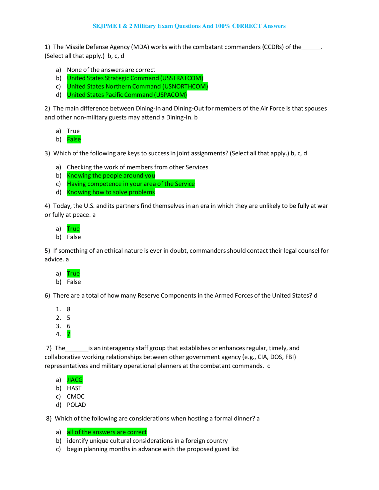 SEJPME I & 2 Military Exam Questions And 100% C0RRECT Answers - Docsity