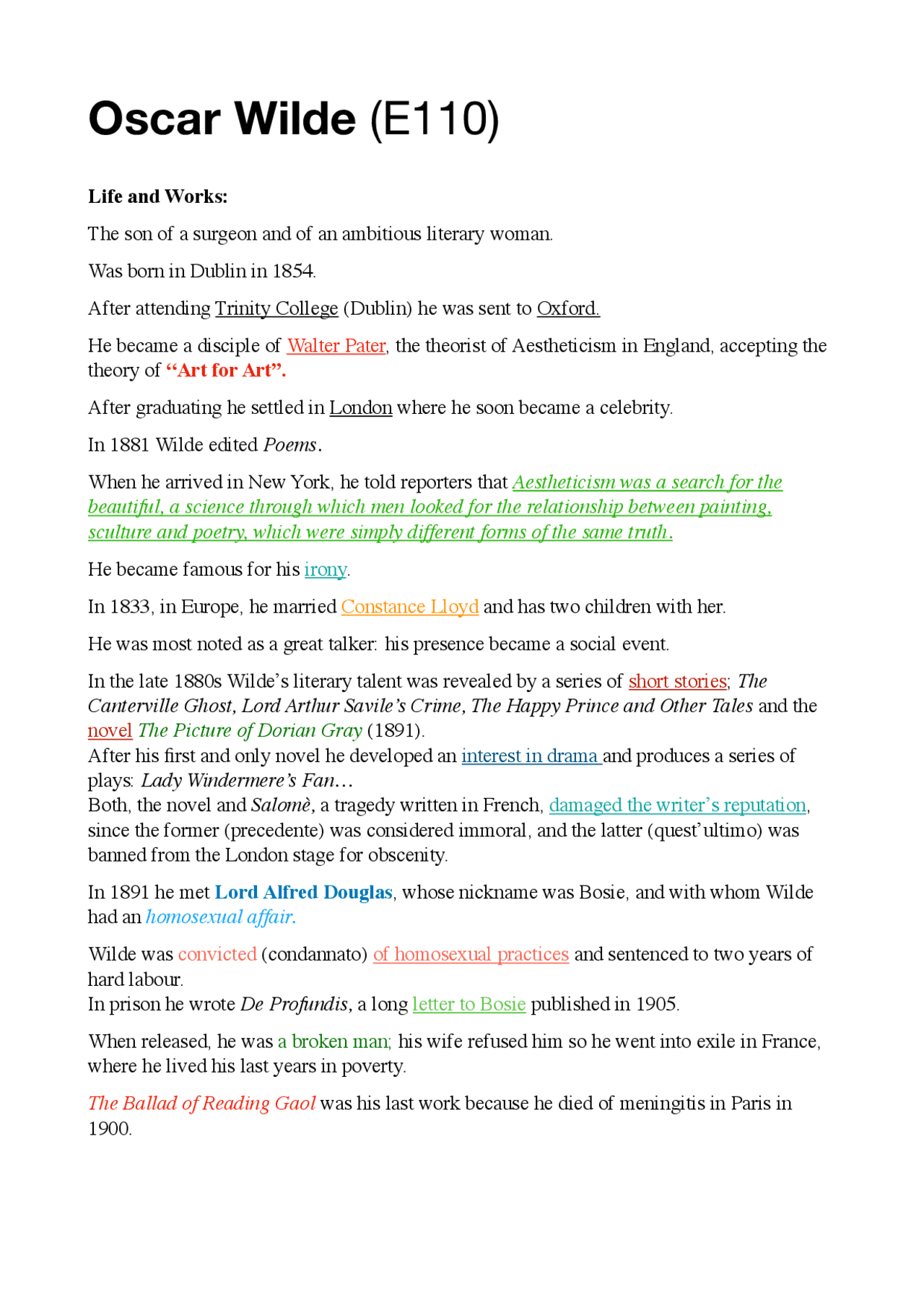 Oscar Wilde - life and works - Docsity