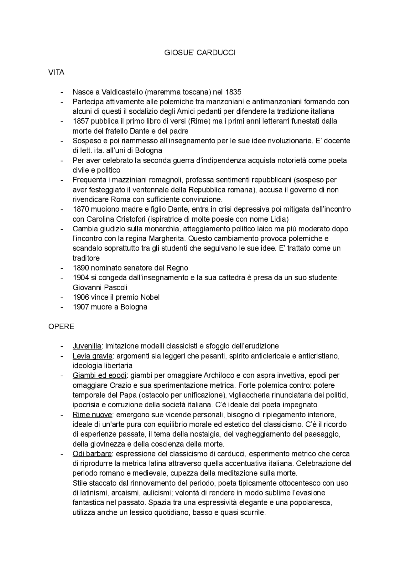 Carducci Vita E Opere Docsity